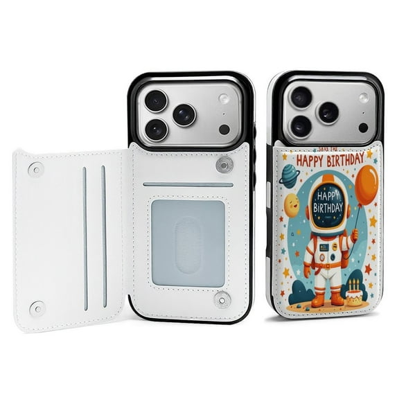 Astronaut Wishes Happy Birthday Space! Leather Wallet Case for iPhone ...