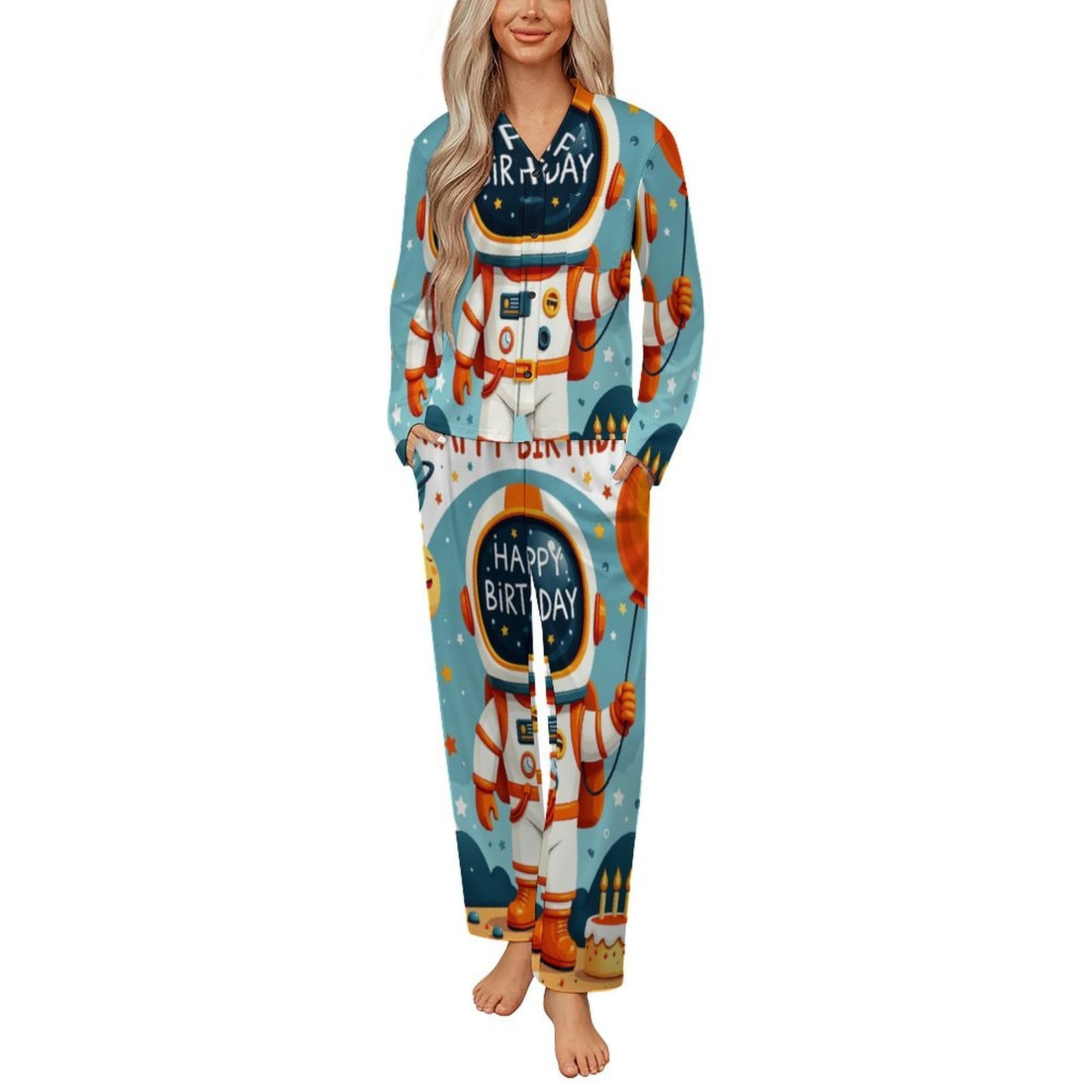 Astronaut Wishes Happy Birthday Space! Womens Pyjamas Set Button Up ...