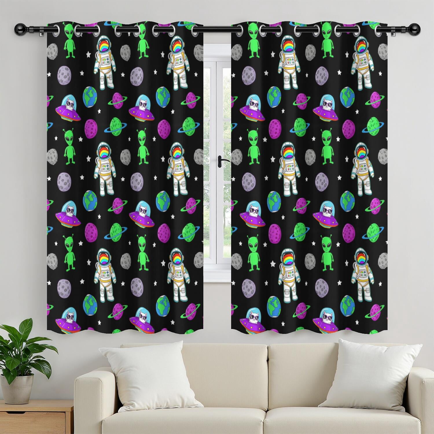Astronaut and Alien Black Pattern Blackout Curtains,Triple Weaved ...
