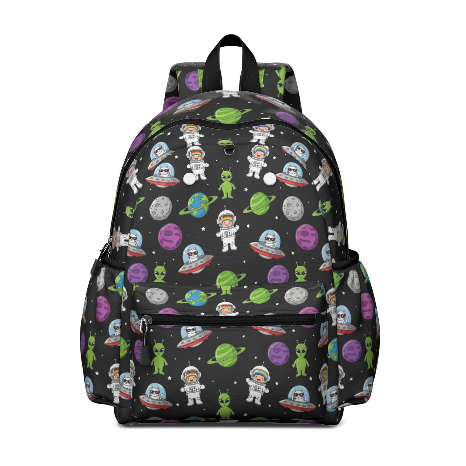 Astronaut and Alien Black Pattern Cute School Backpack with Padded Back ...