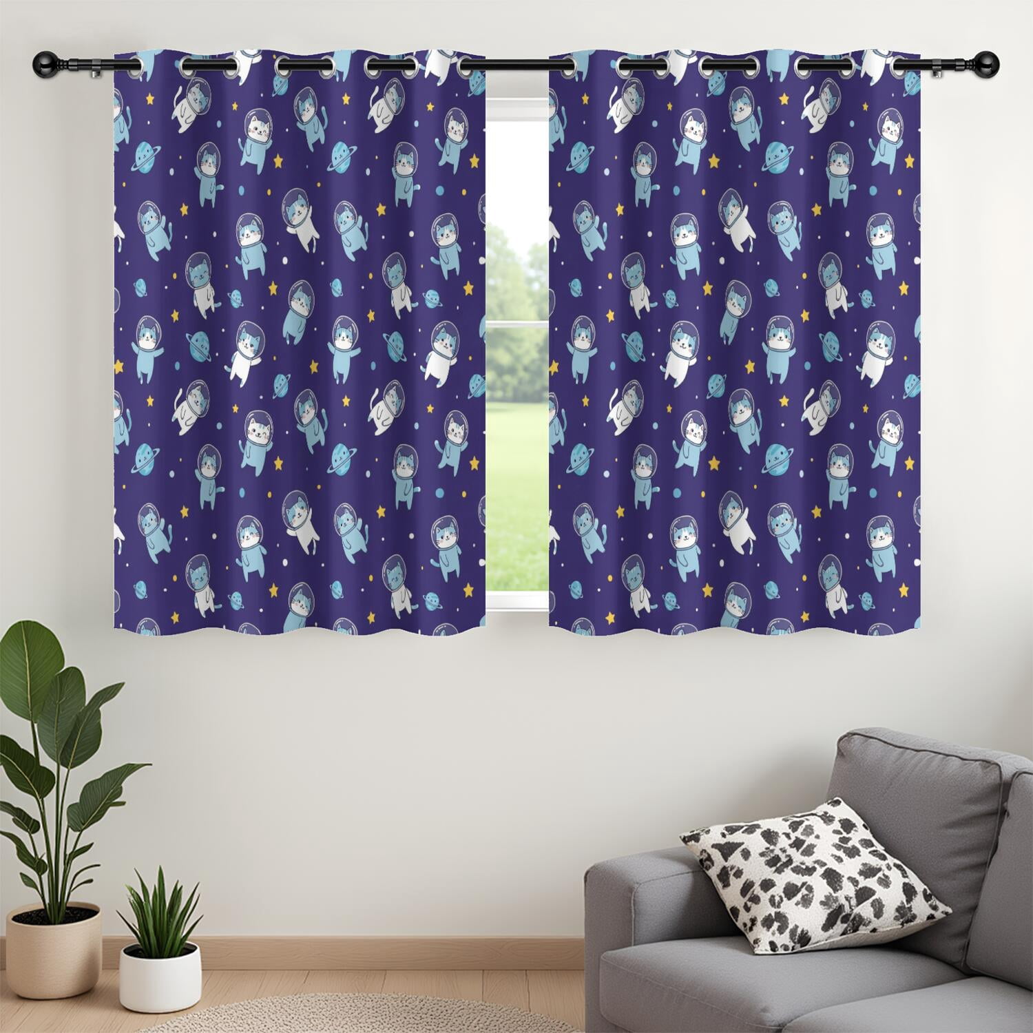 Astronaut and Cat Blue Pattern Blackout Curtains,Triple Weaved Fabric ...