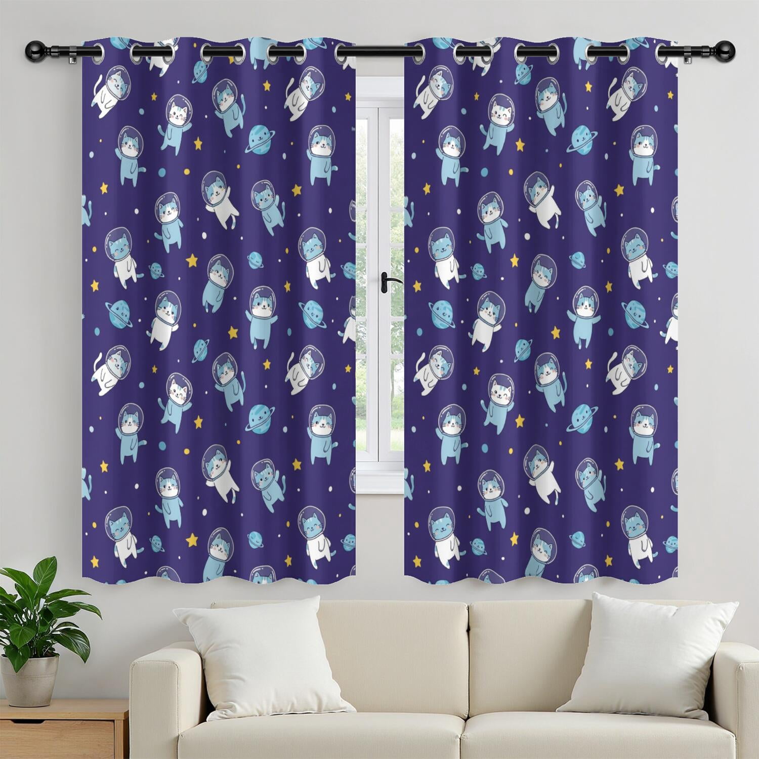 Astronaut and Cat Blue Pattern Blackout Curtains,Triple Weaved Fabric ...