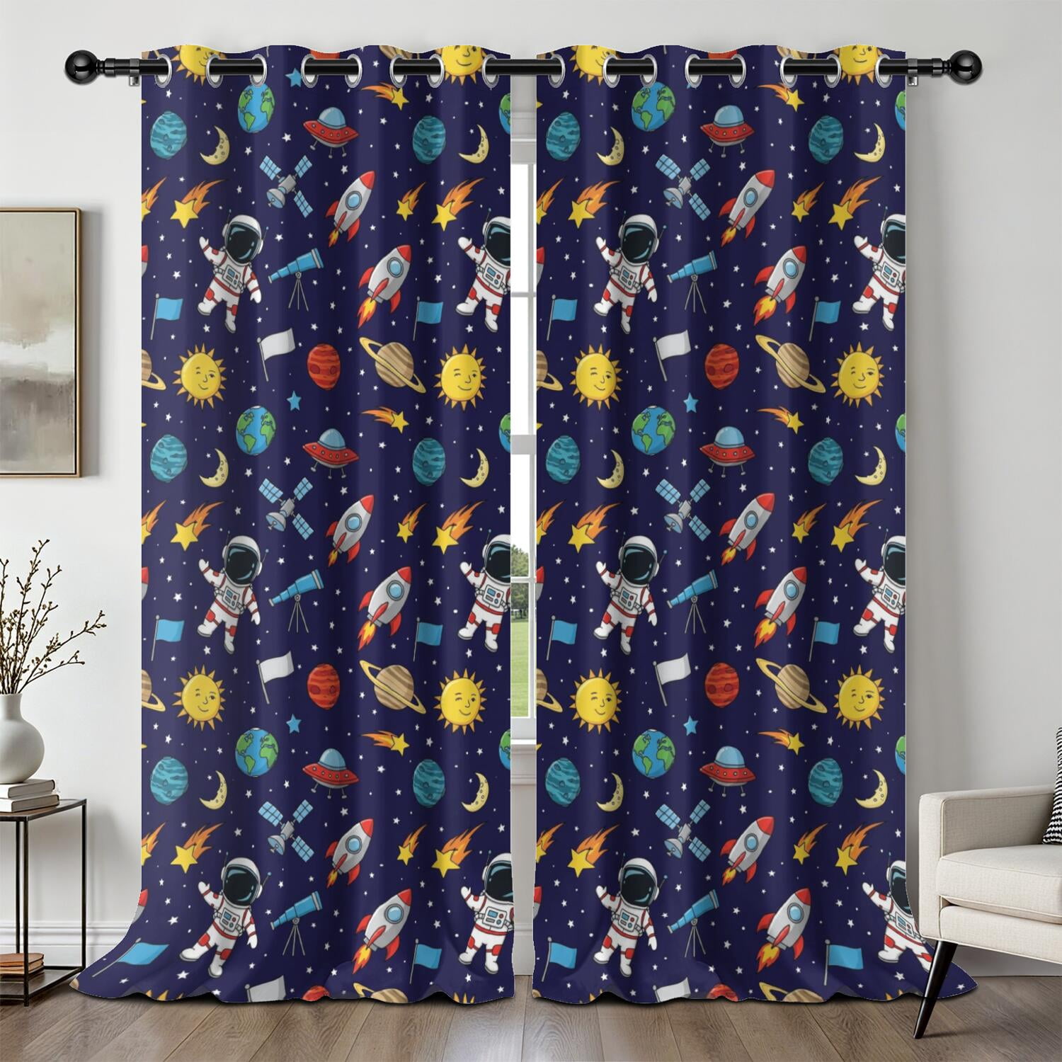 Astronaut and Flag Blue Pattern Blackout Curtains,Triple Weaved Fabric ...