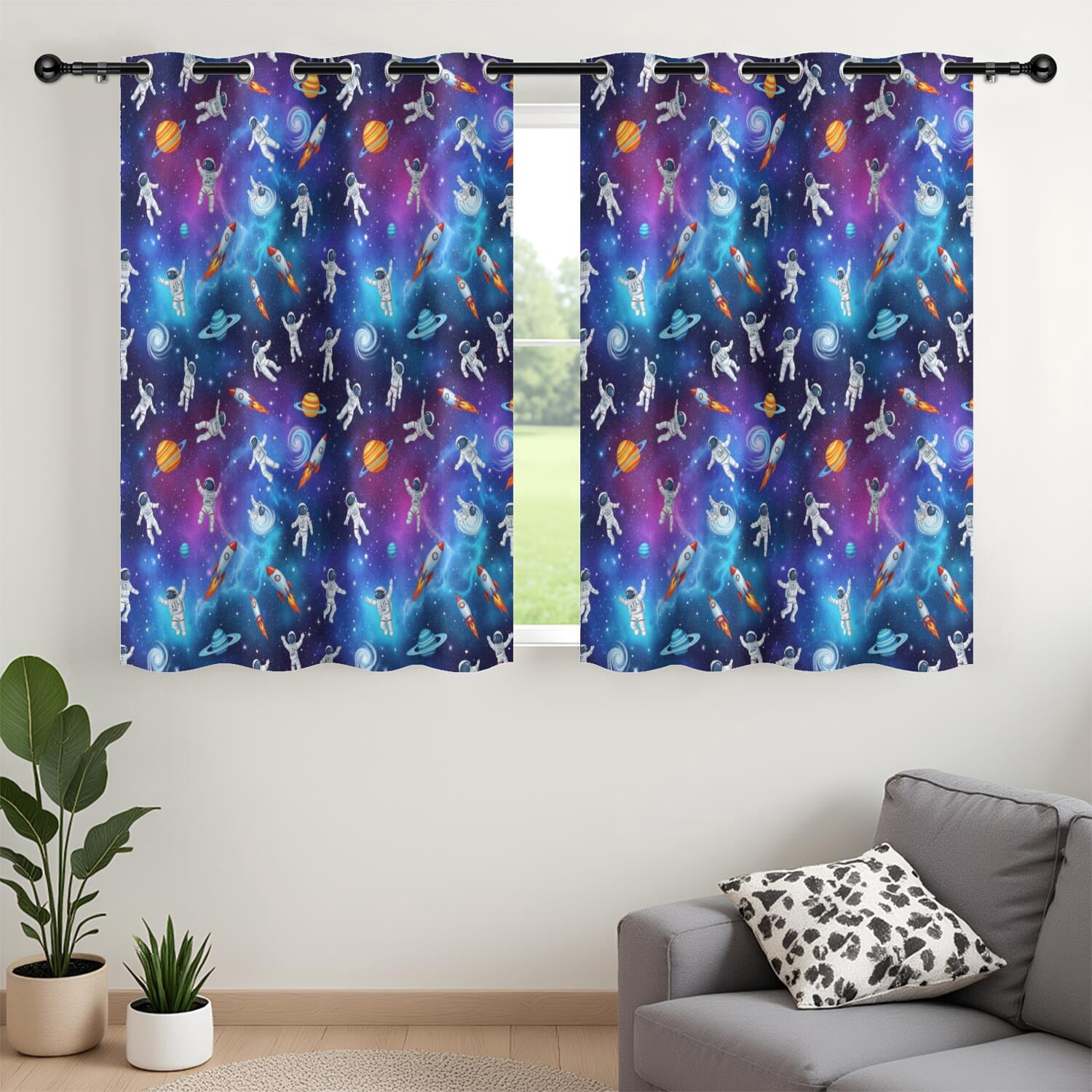 Astronaut and Galaxy Black Pattern Blackout Curtains,Triple Weaved ...