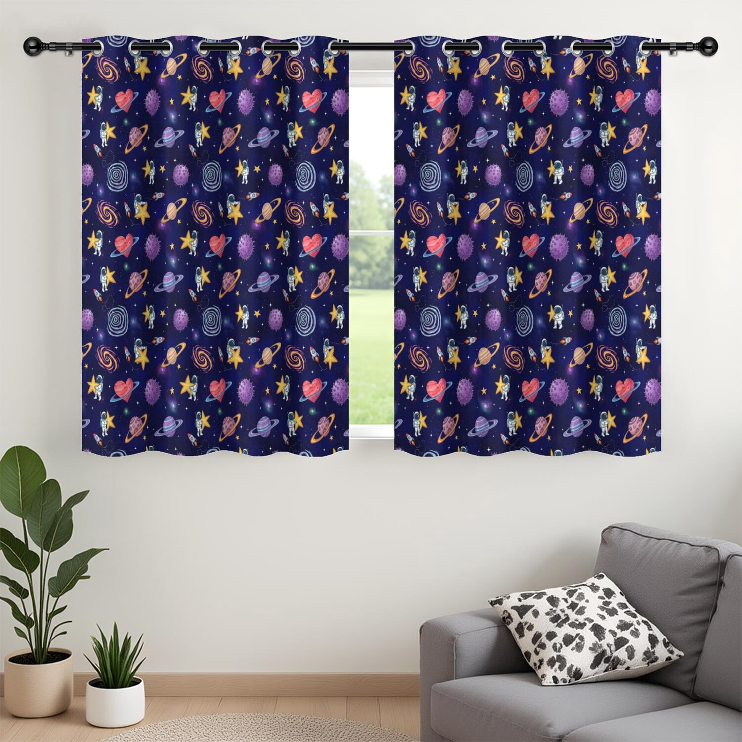 Astronaut and Heart Black Pattern Blackout Curtains,Triple Weaved ...