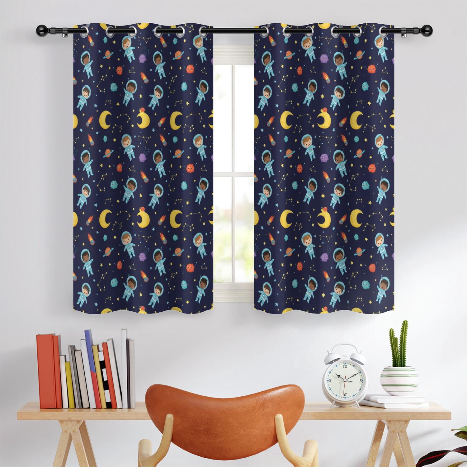 Astronaut and Moon Blue Pattern Blackout Curtains,Triple Weaved Fabric ...