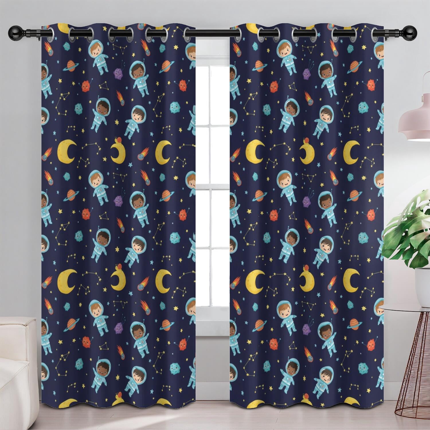 Astronaut and Moon Blue Pattern Blackout Curtains,Triple Weaved Fabric ...