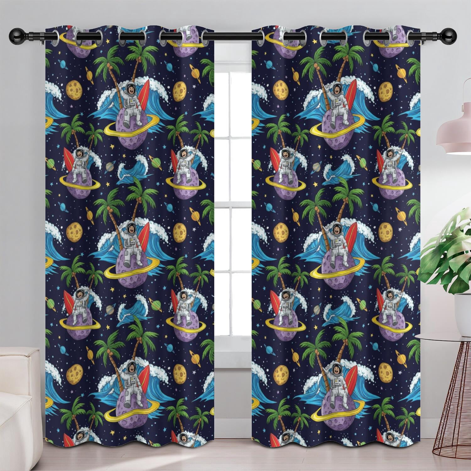 Astronaut and Palm Tree Black Pattern Blackout Curtains,Triple Weaved ...
