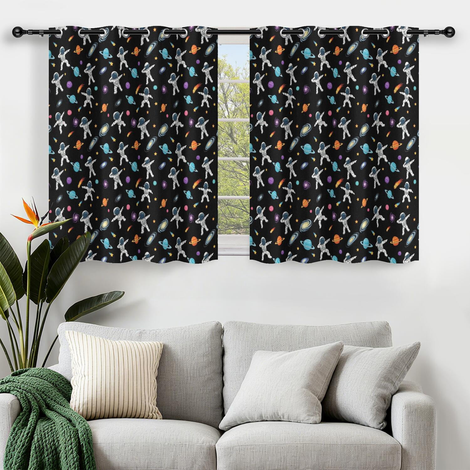 Astronaut and Planet Black Pattern Blackout Curtains,Triple Weaved ...