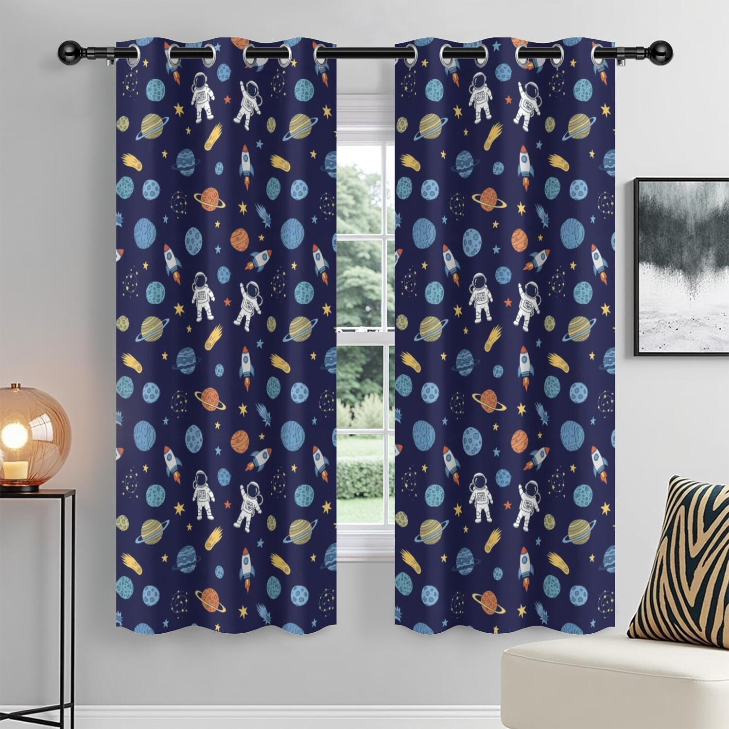 Astronaut and Planet Blue Pattern Blackout Curtains,Triple Weaved ...