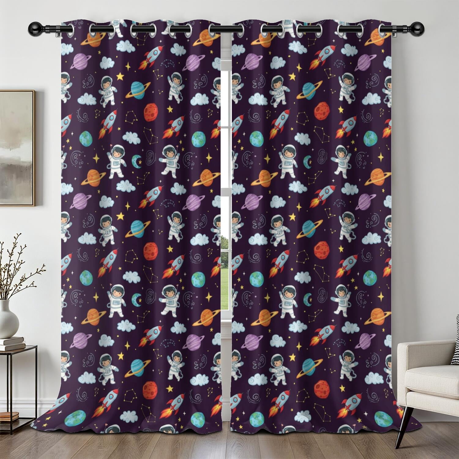 Astronaut and Rocket Black Pattern Blackout Curtains,Triple Weaved ...