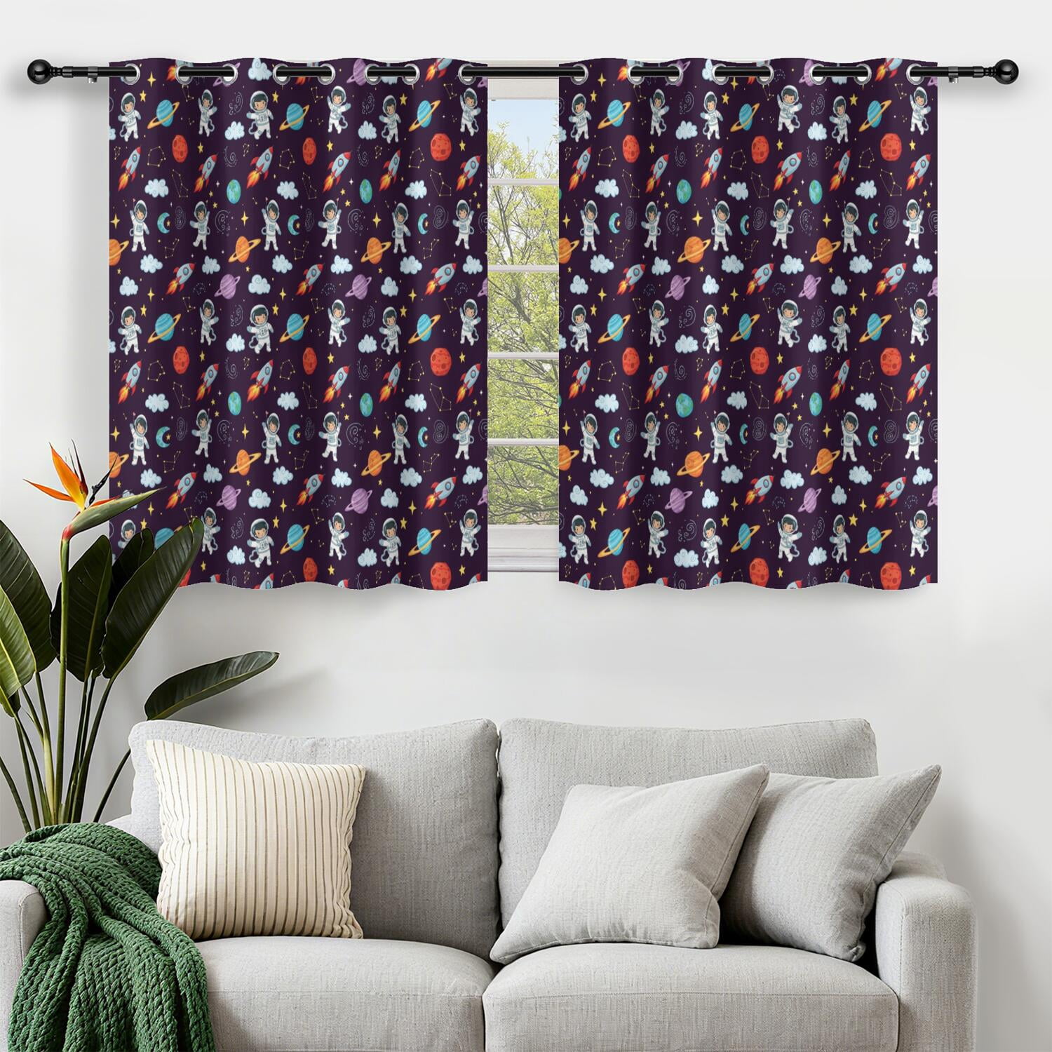 Astronaut and Rocket Black Pattern Blackout Curtains,Triple Weaved ...