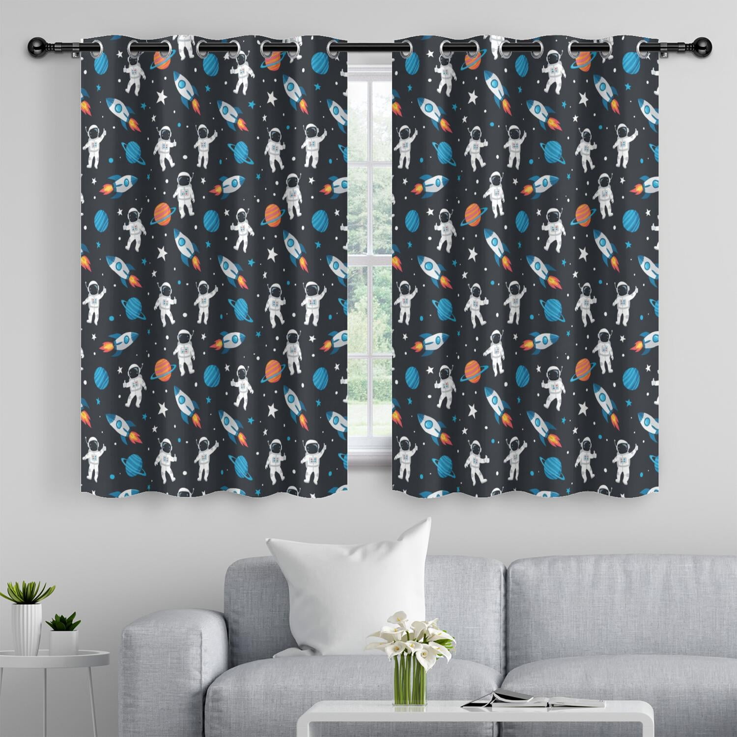 Astronaut and Rocket Black Pattern Blackout Curtains,Triple Weaved ...