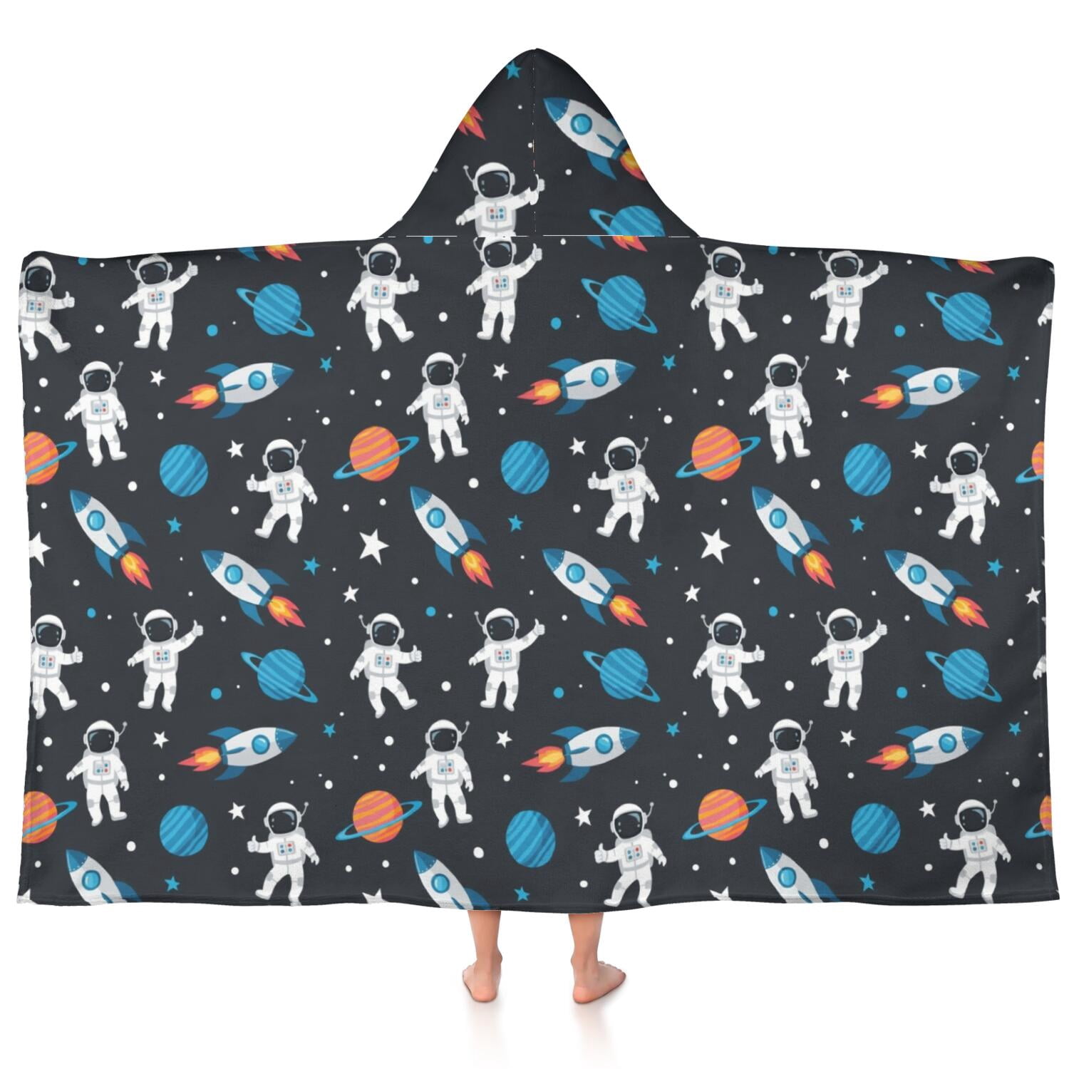 Astronaut and Rocket Black Pattern Teens Hooded Bath Towel Wrap for ...