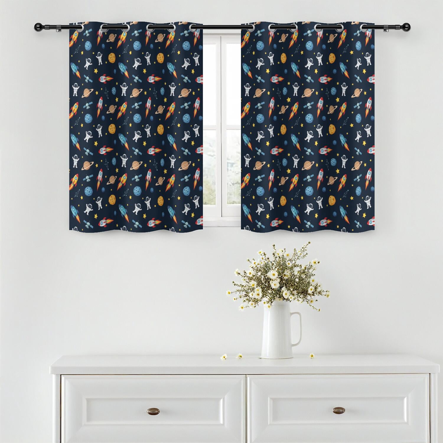 Astronaut and Rocket Blue Pattern Blackout Curtains,Triple Weaved ...