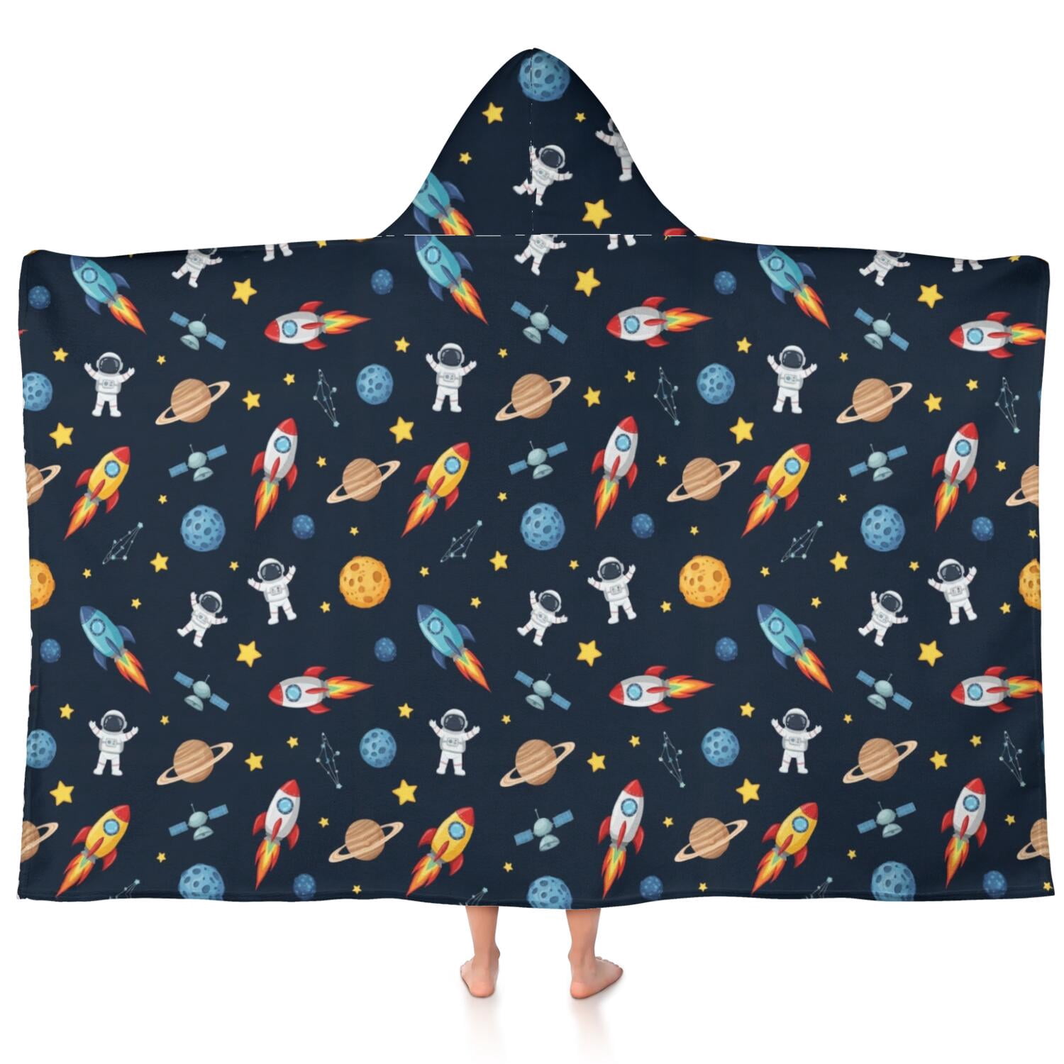 Astronaut and Rocket Blue Pattern Teens Hooded Bath Towel Wrap for Ages ...