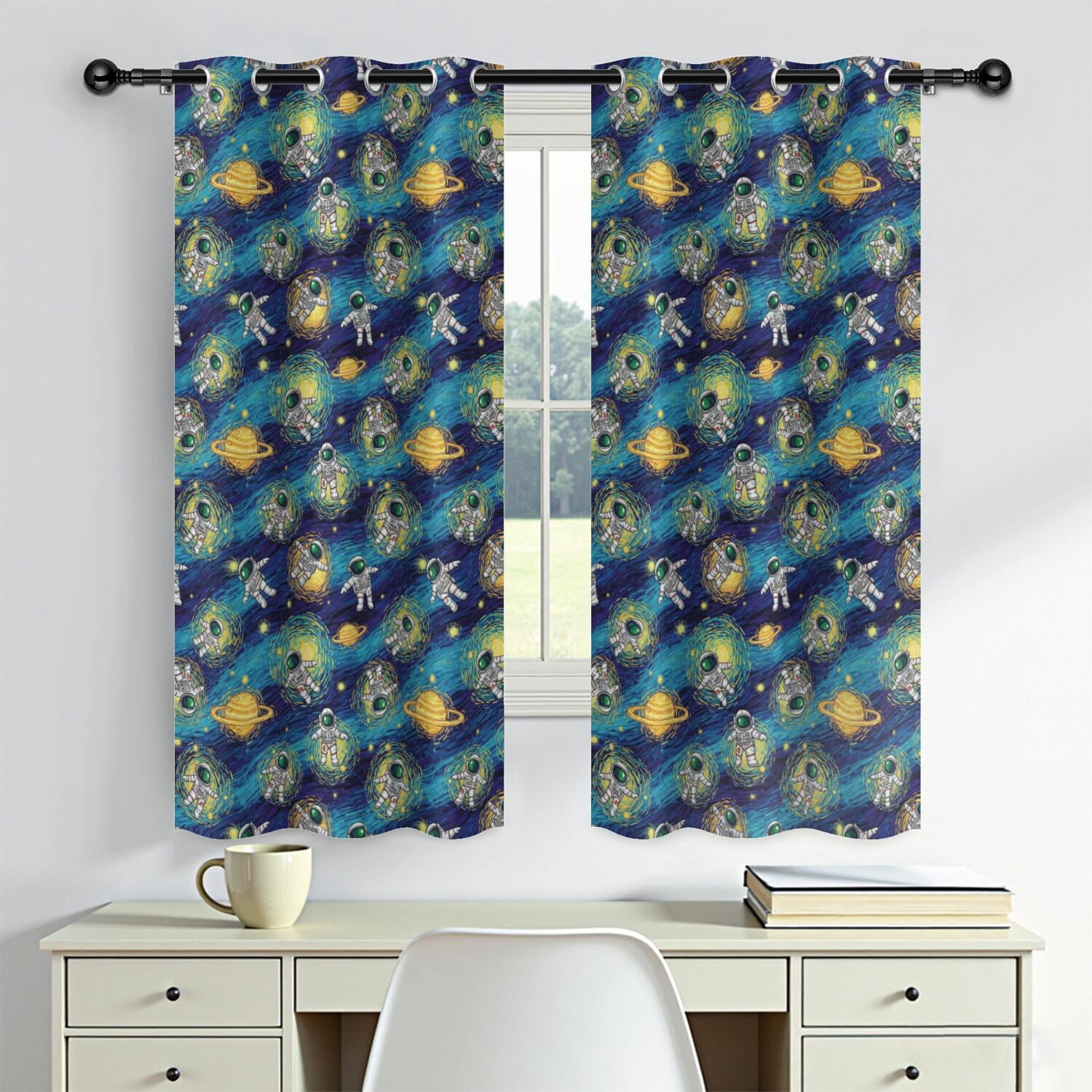 Astronaut and Starry Sky Blue Pattern Blackout Curtains,Triple Weaved ...