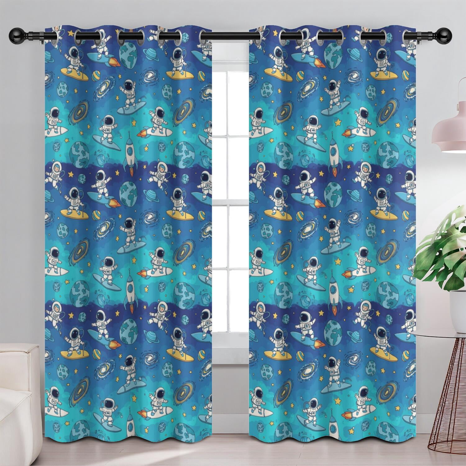 Astronaut and Surfboard Blue Pattern Blackout Curtains,Triple Weaved ...