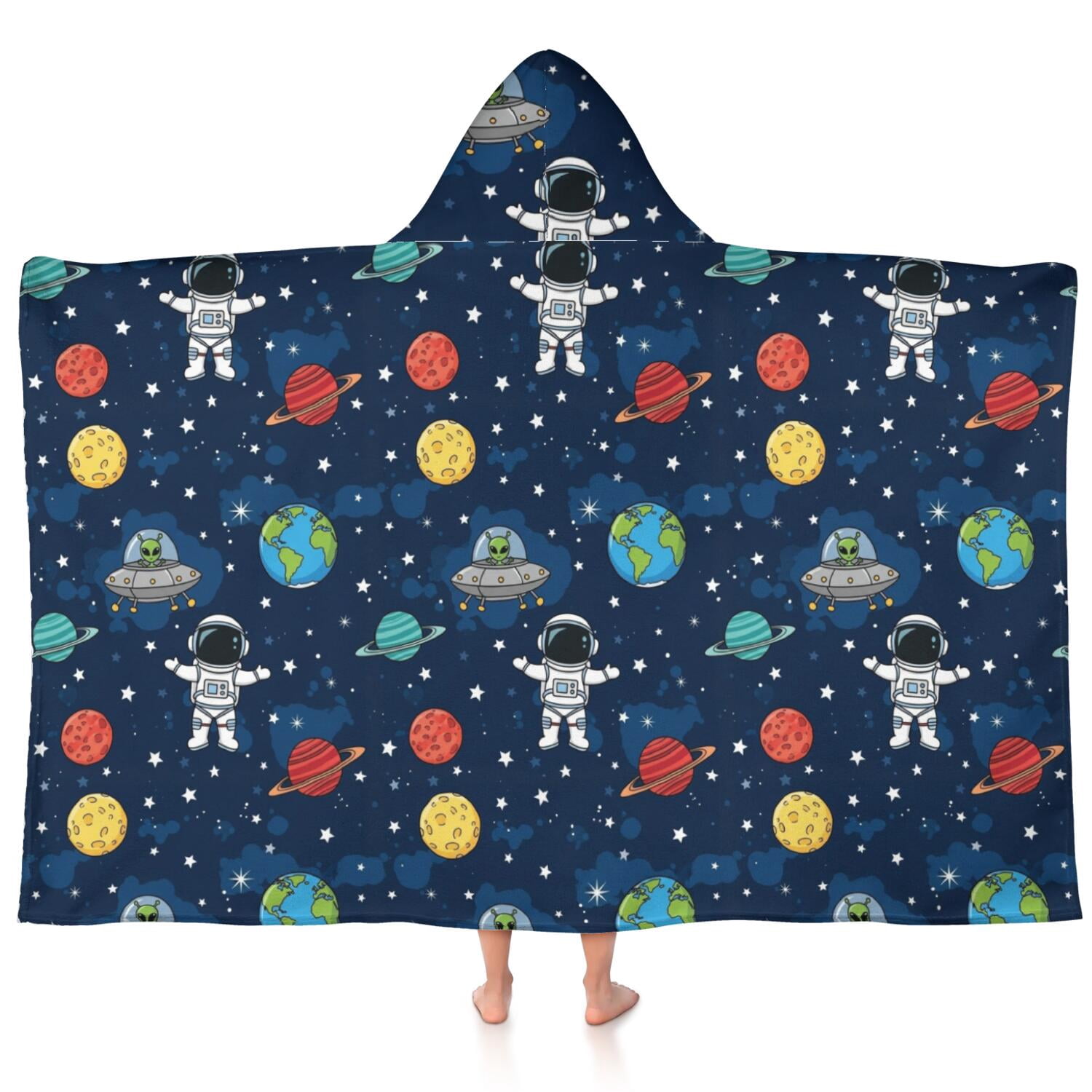 Astronaut and Ufo Blue Pattern Teens Hooded Bath Towel Wrap for Ages 3 ...