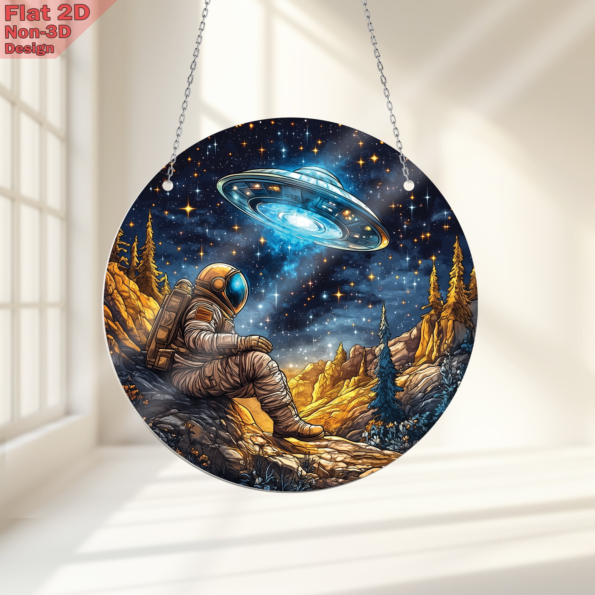 Astronaut in UFO Acrylic Window Hanging, Stained Glass Style, Space ...