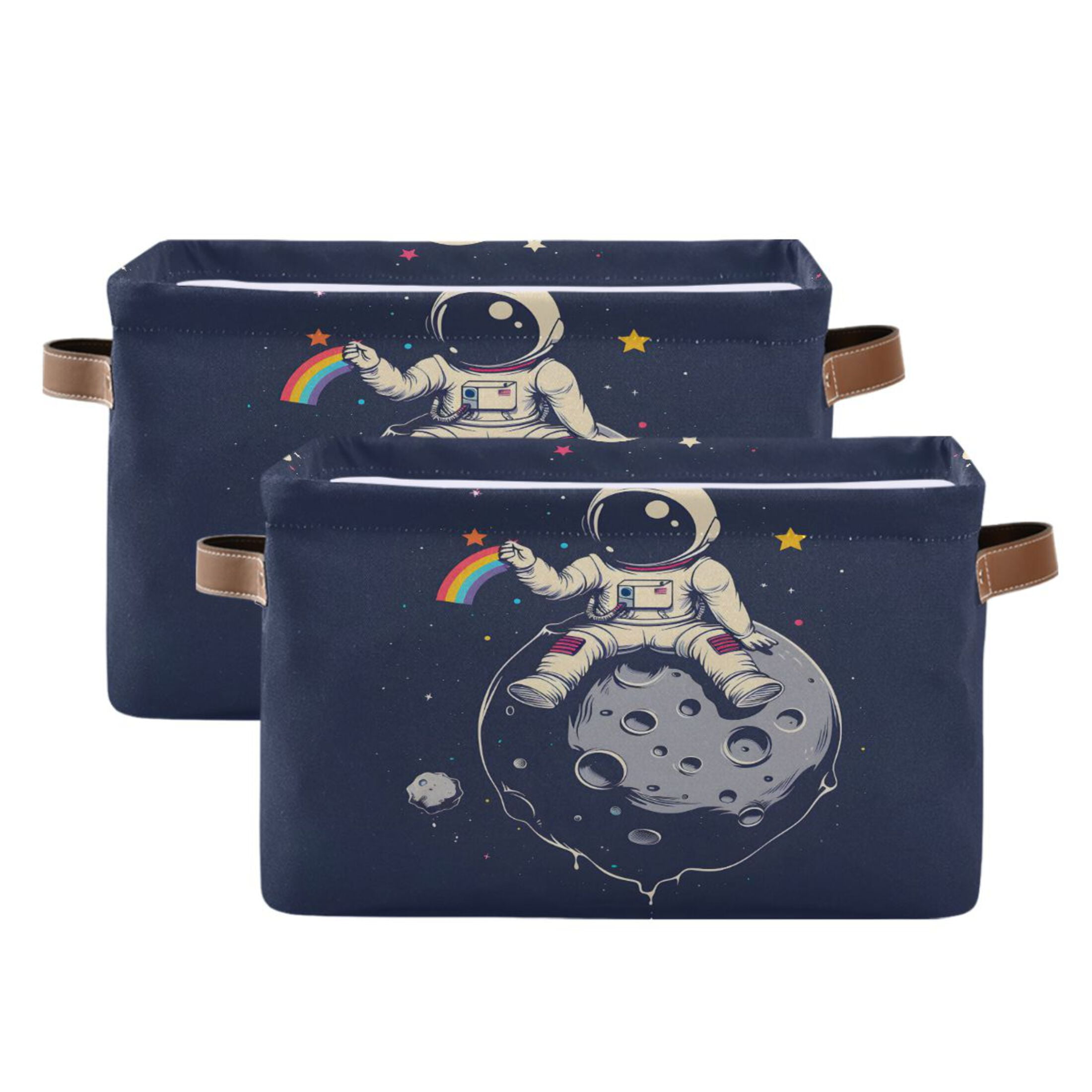Astronaut on Moon Storage Bins with Handle Fabric Organizer Basket ...