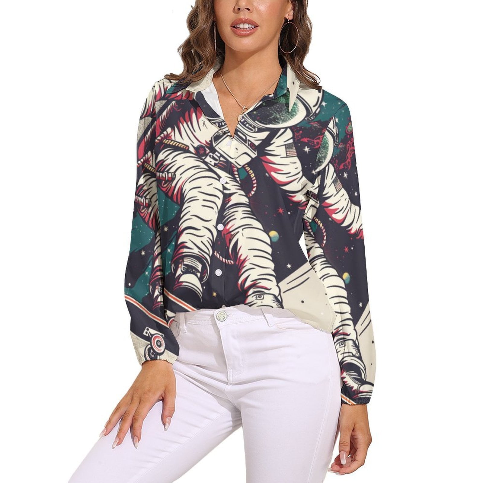 Astronaut on Skateboard Long Sleeve Blouse Woman Streetwear Casual ...