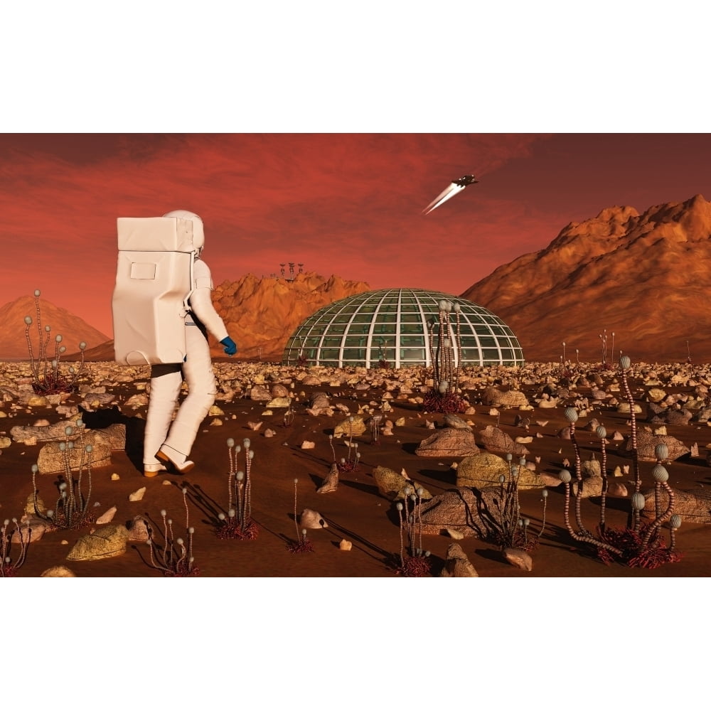 Astronaut walking across the surface of Mars towards a habitat dome ...