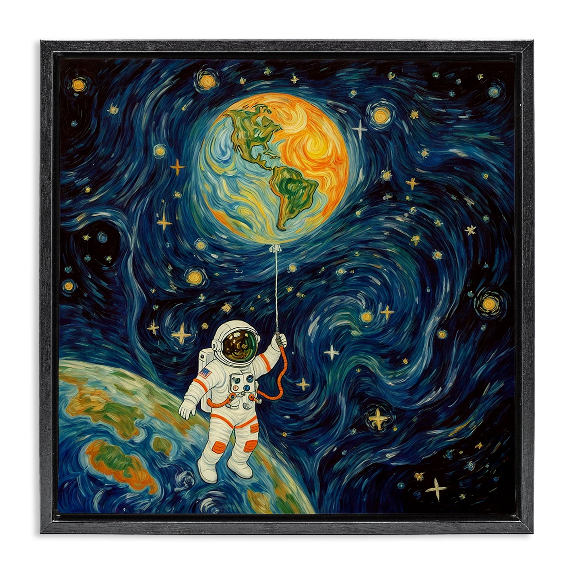 Astronaut with Earth Balloon Black Framed Floater Canvas Wall Art ...