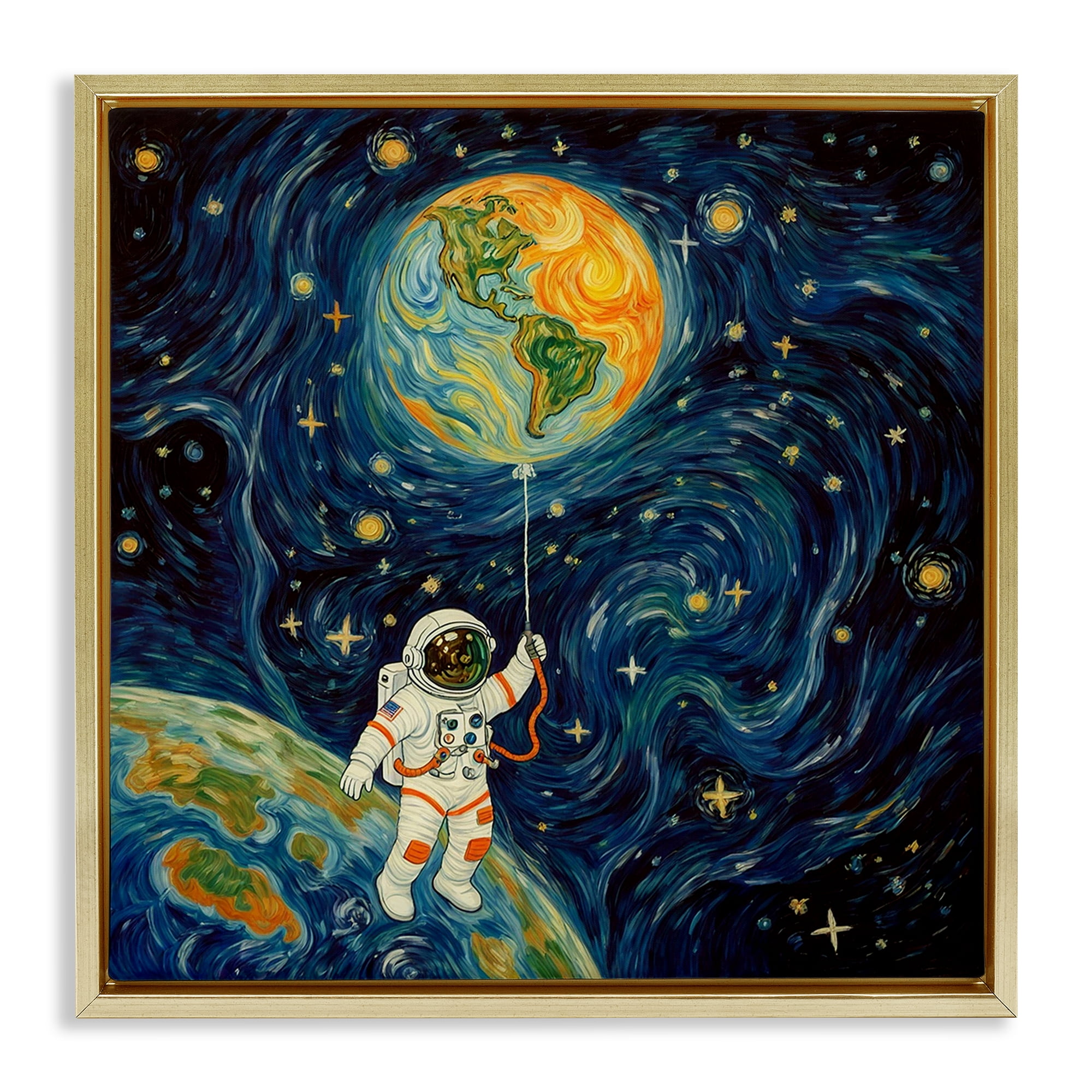 Astronaut with Earth Balloon Gold Framed Floater Canvas Wall Art ...