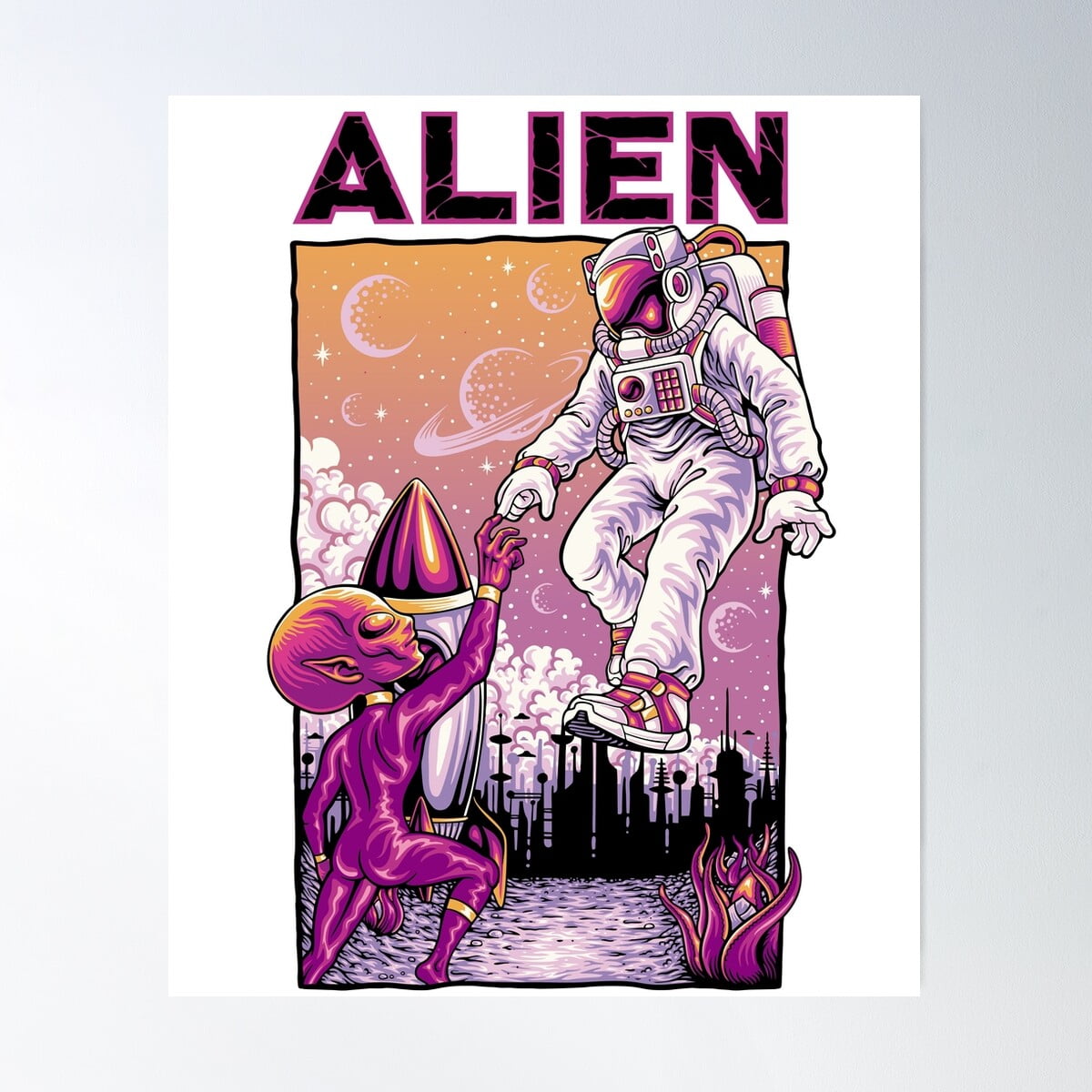 Astronauts Connect With Aliens Poster Wall Art, Modern Wall Decor For ...