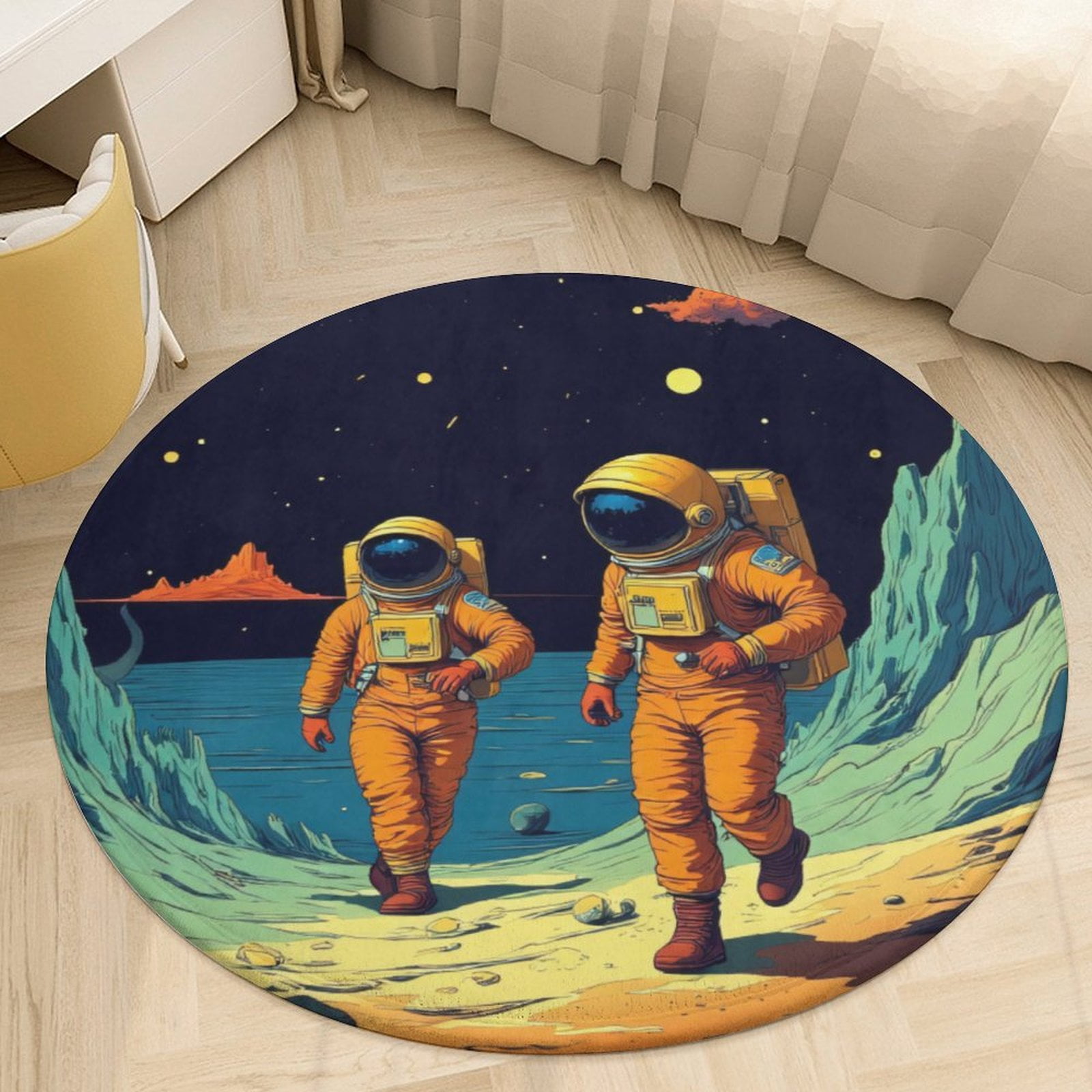 Astronauts Exploring Alien Landscape Round Area Rugs for Bedroom Living ...