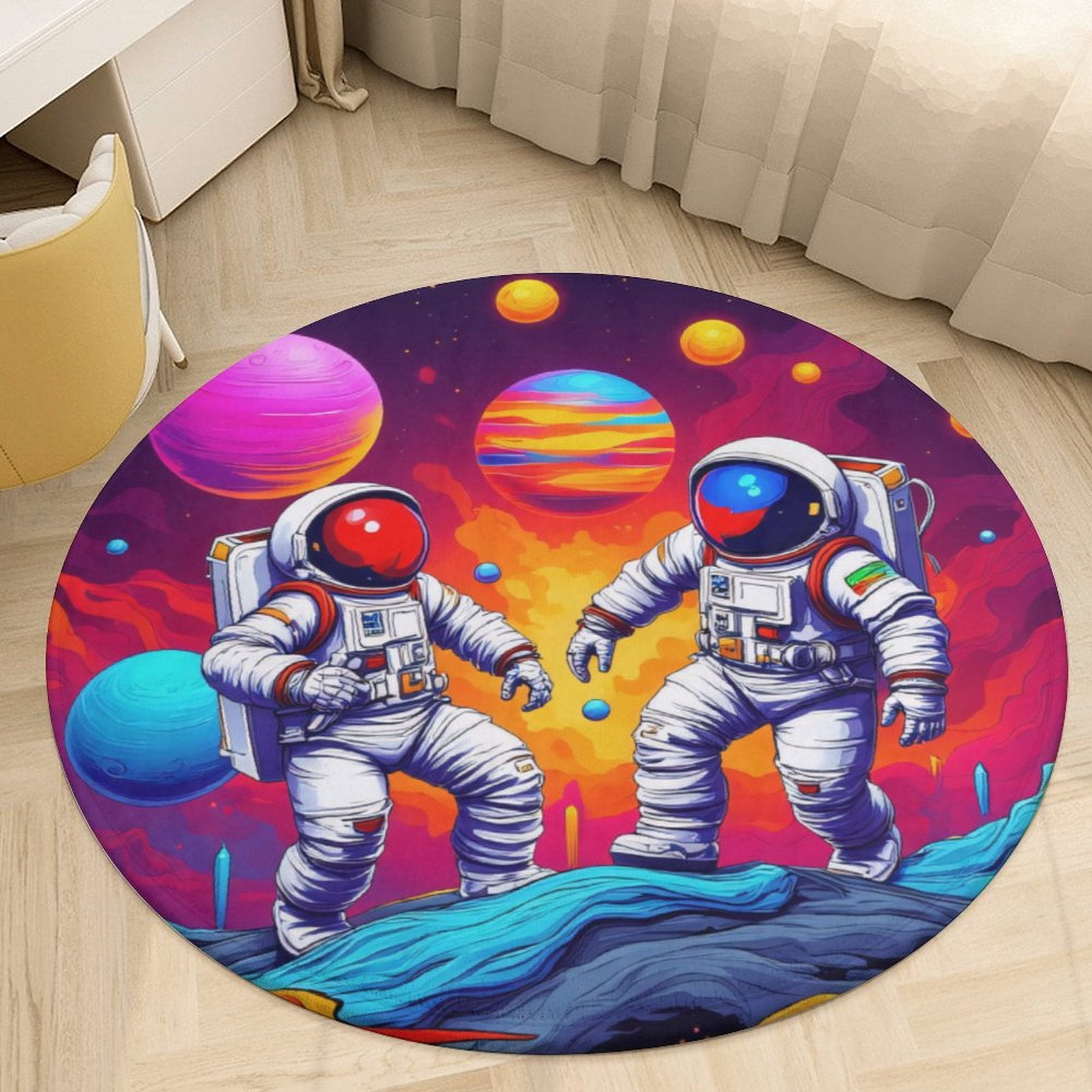 Astronauts Exploring Cosmic Planets Round Area Rugs for Bedroom Living ...