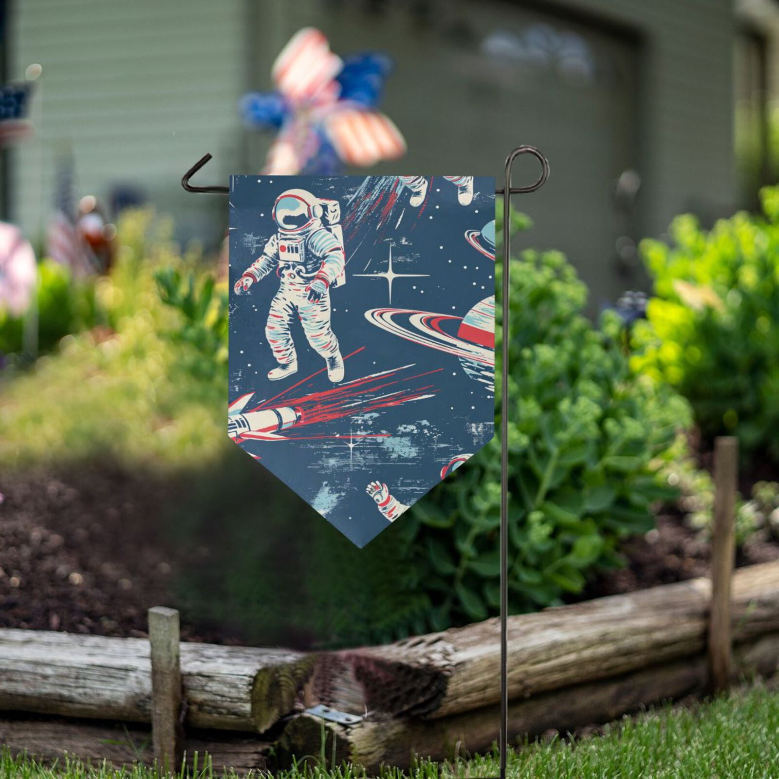 Astronauts Planets Rockets Garden Flag 18" x 12.5" Double Sided Yard ...