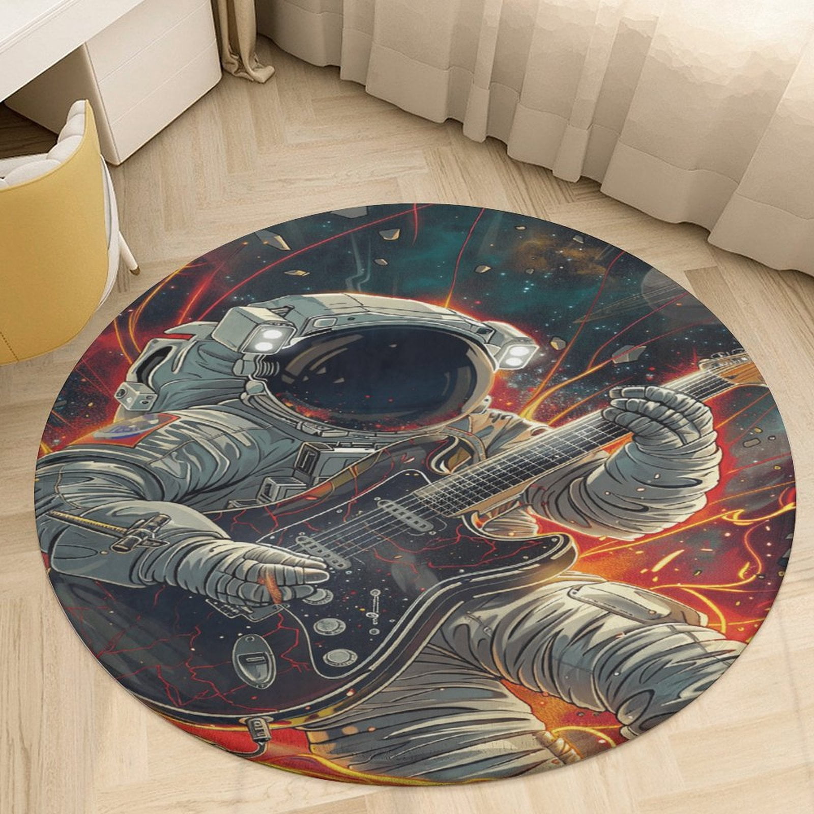 Astronauts Play Guitar in Space Round Rugs -Washable Non-Slip Small ...