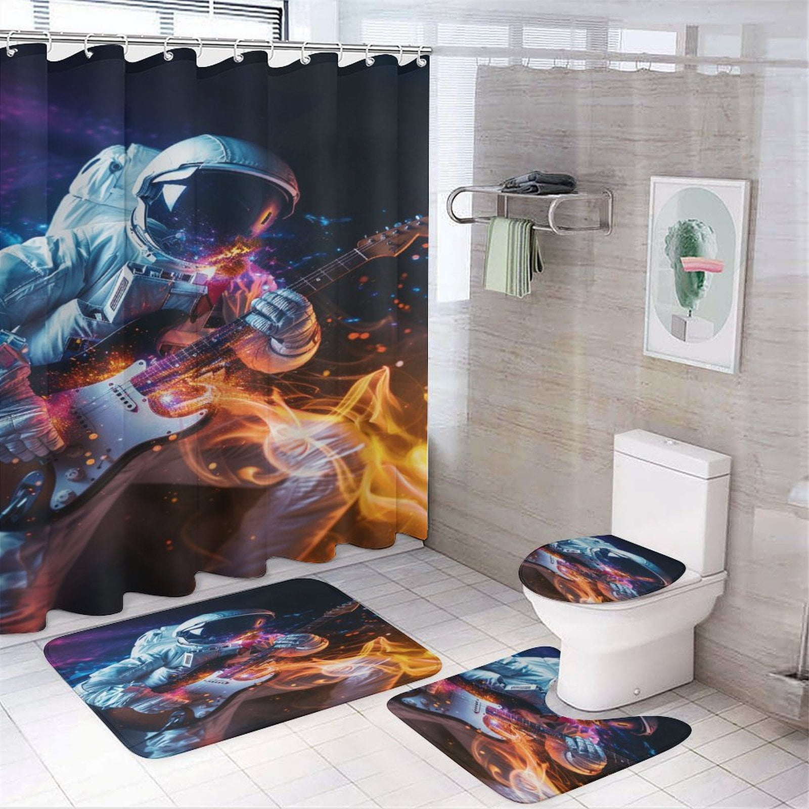 Astronauts Play Guitar in Space 4 Piece Shower Curtain Sets, Non-Slip ...