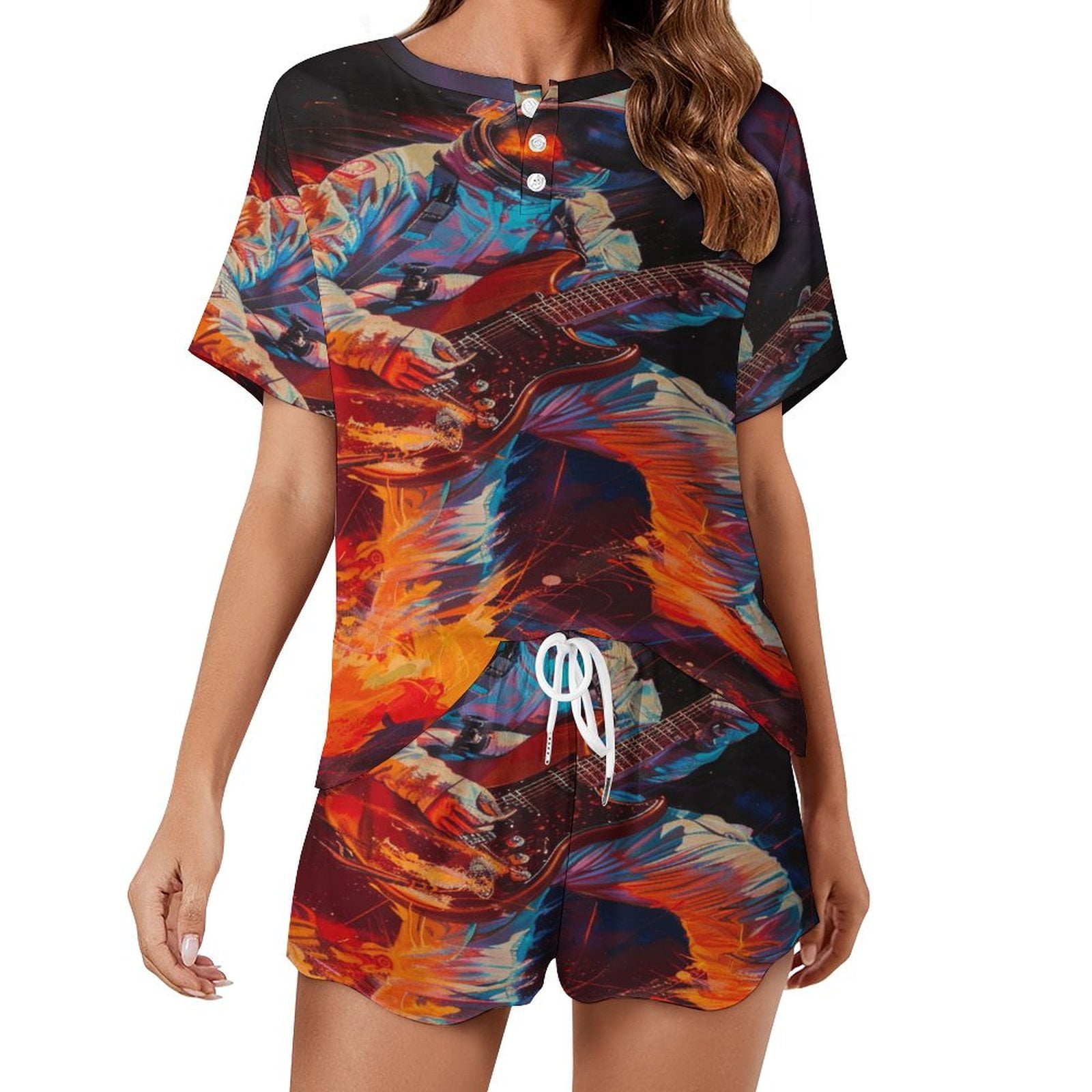 Astronauts Play Guitar in Space Pajamas Set Womens Loungewear Sleepwear ...