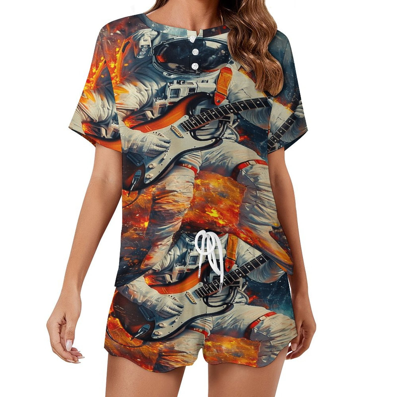 Astronauts Play Guitar in Space Pajamas Set Womens Loungewear Sleepwear ...