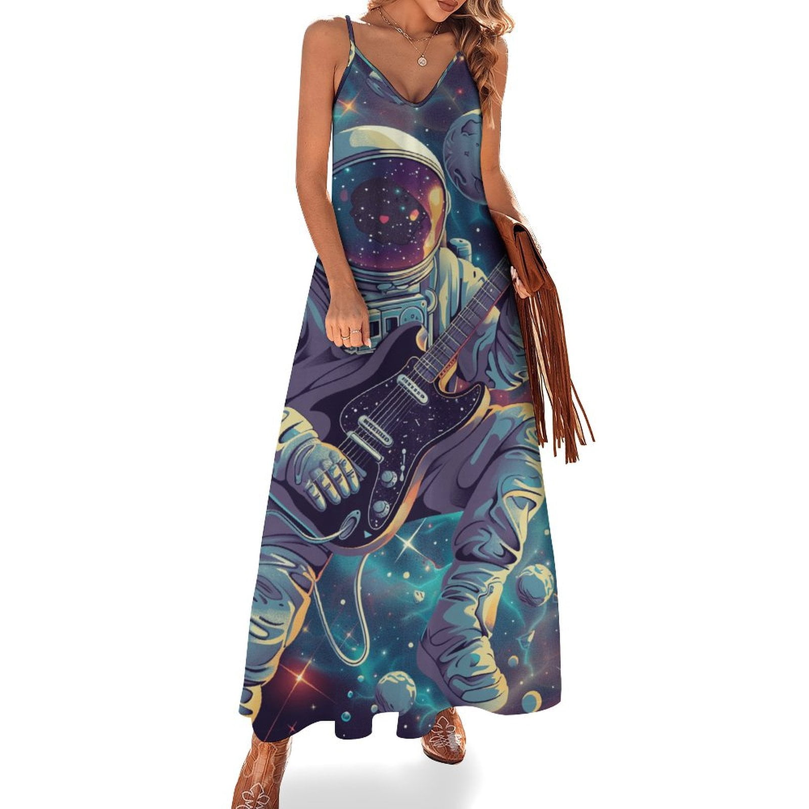 Astronauts Play Guitar in Space Sleeveless Dress Women's Luxury Party ...
