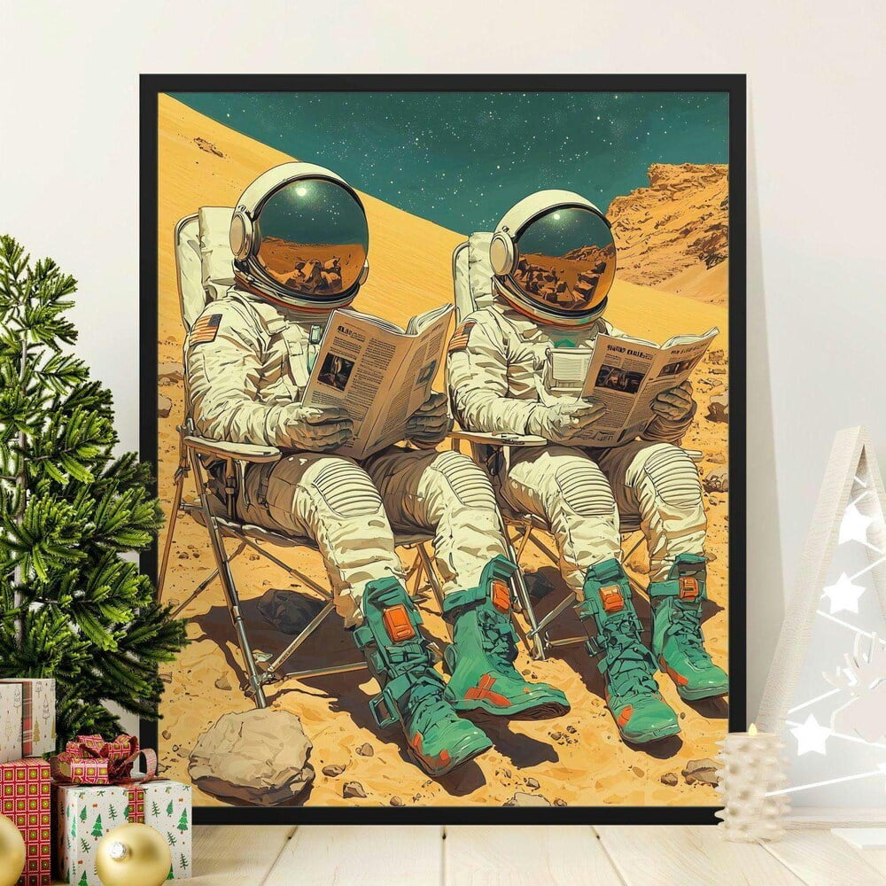Astronauts Reading Newspapers Poster, Space Exploration Art, Outer ...