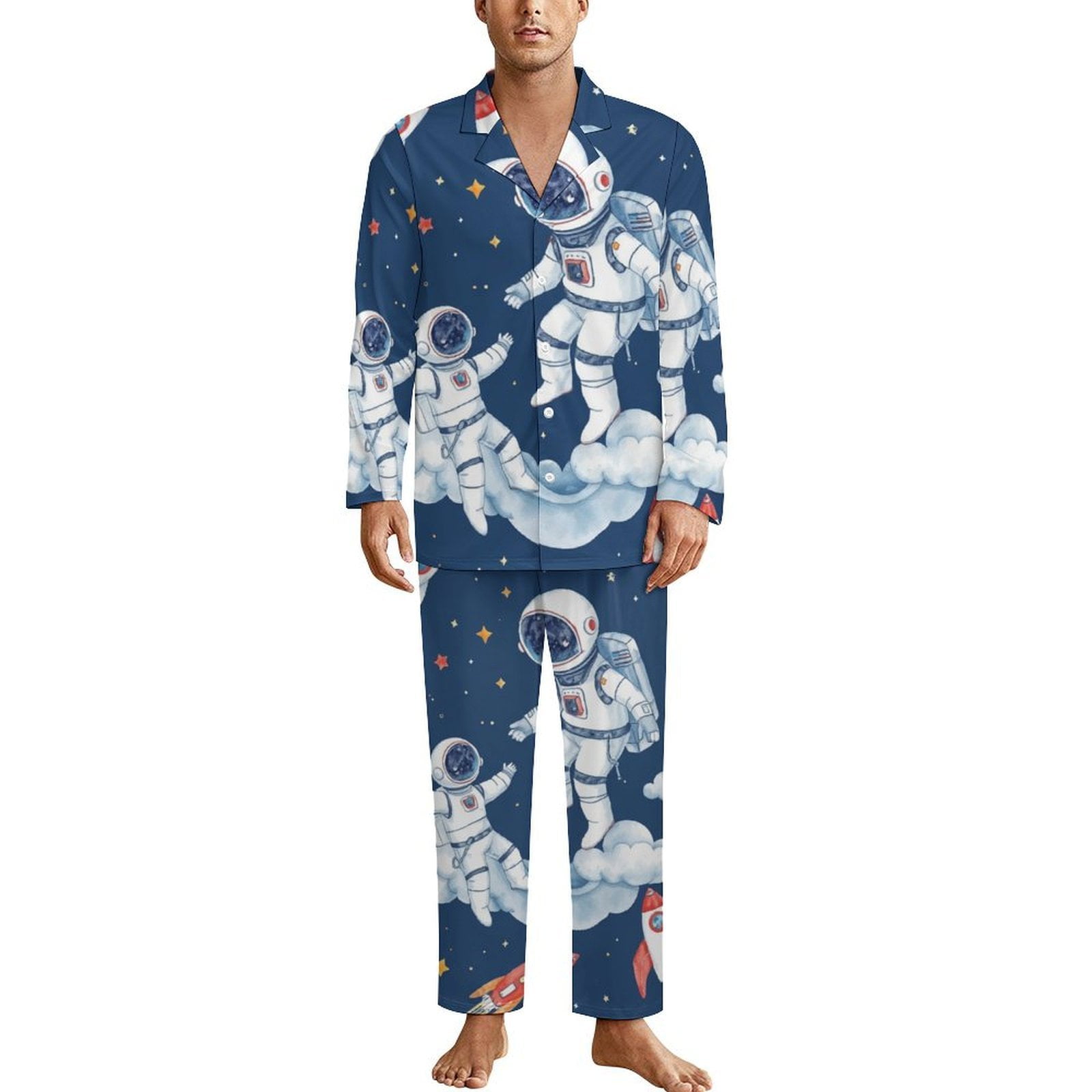 Astronauts Space Rockets Stars Pajama Set Soft Sleepwear Man Long ...