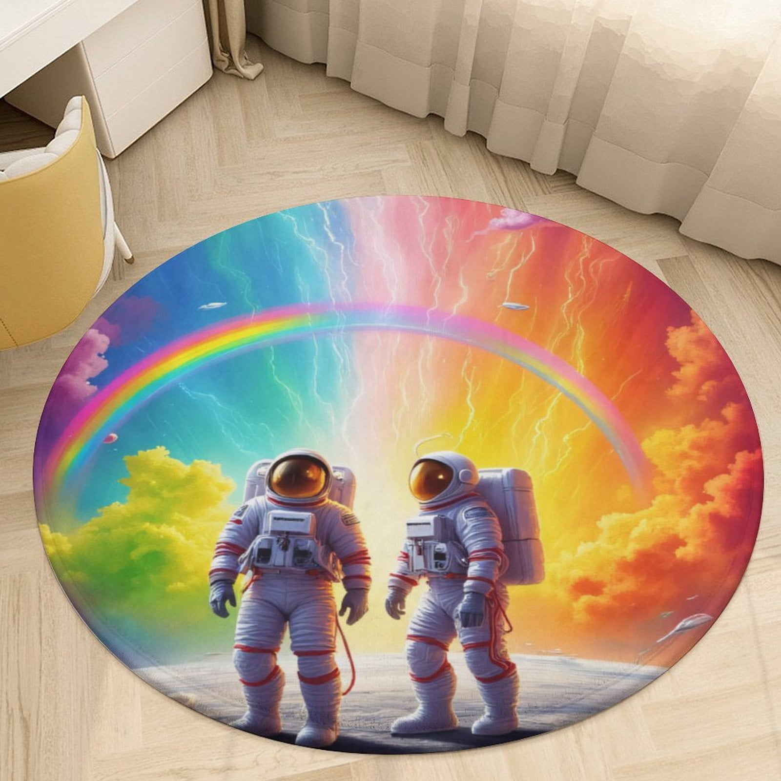 Astronauts Under Rainbow Lightning Round Area Rugs for Bedroom Living ...