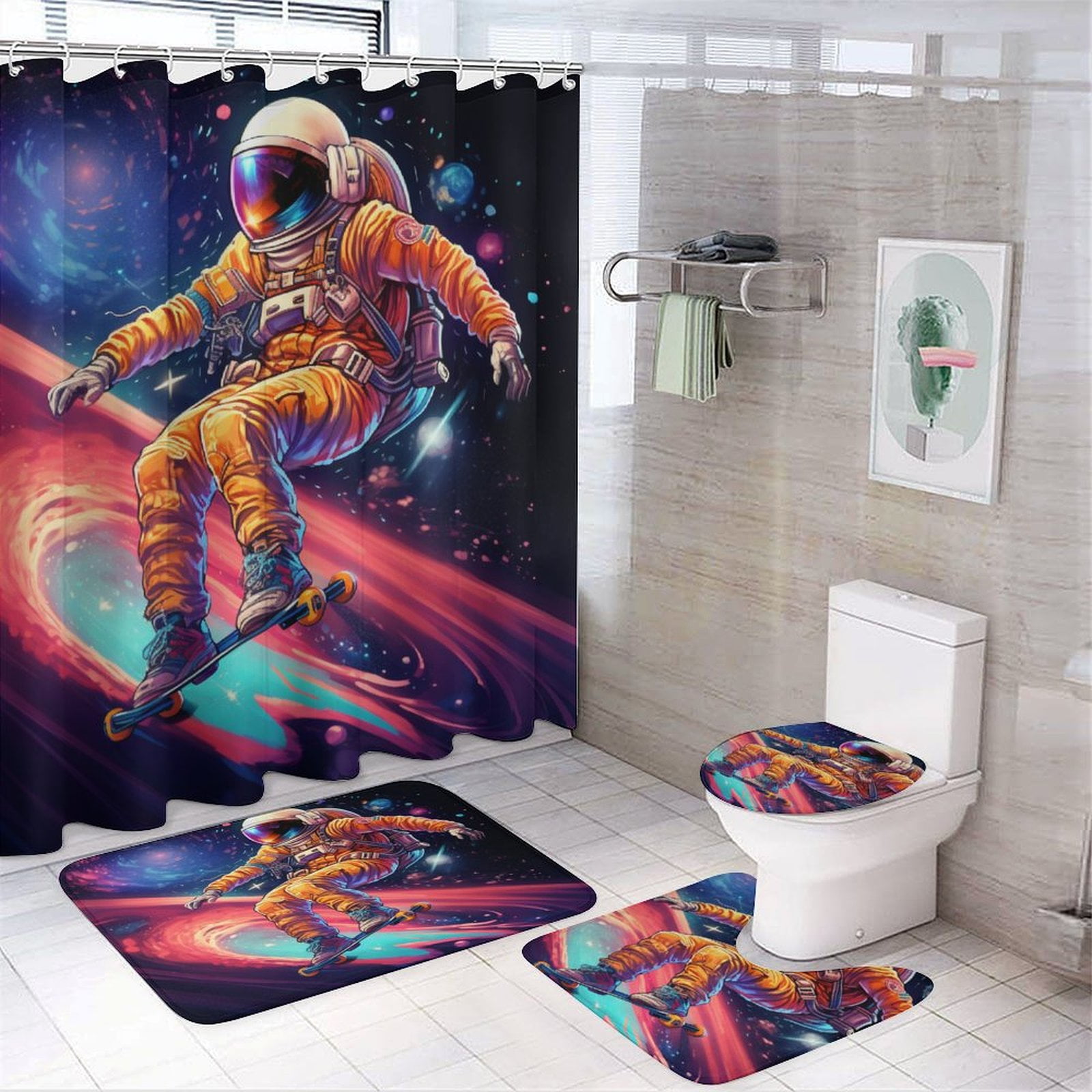 Astronauts in Space 4 Piece Shower Curtain Sets, Non-Slip Rugs, Toilet ...