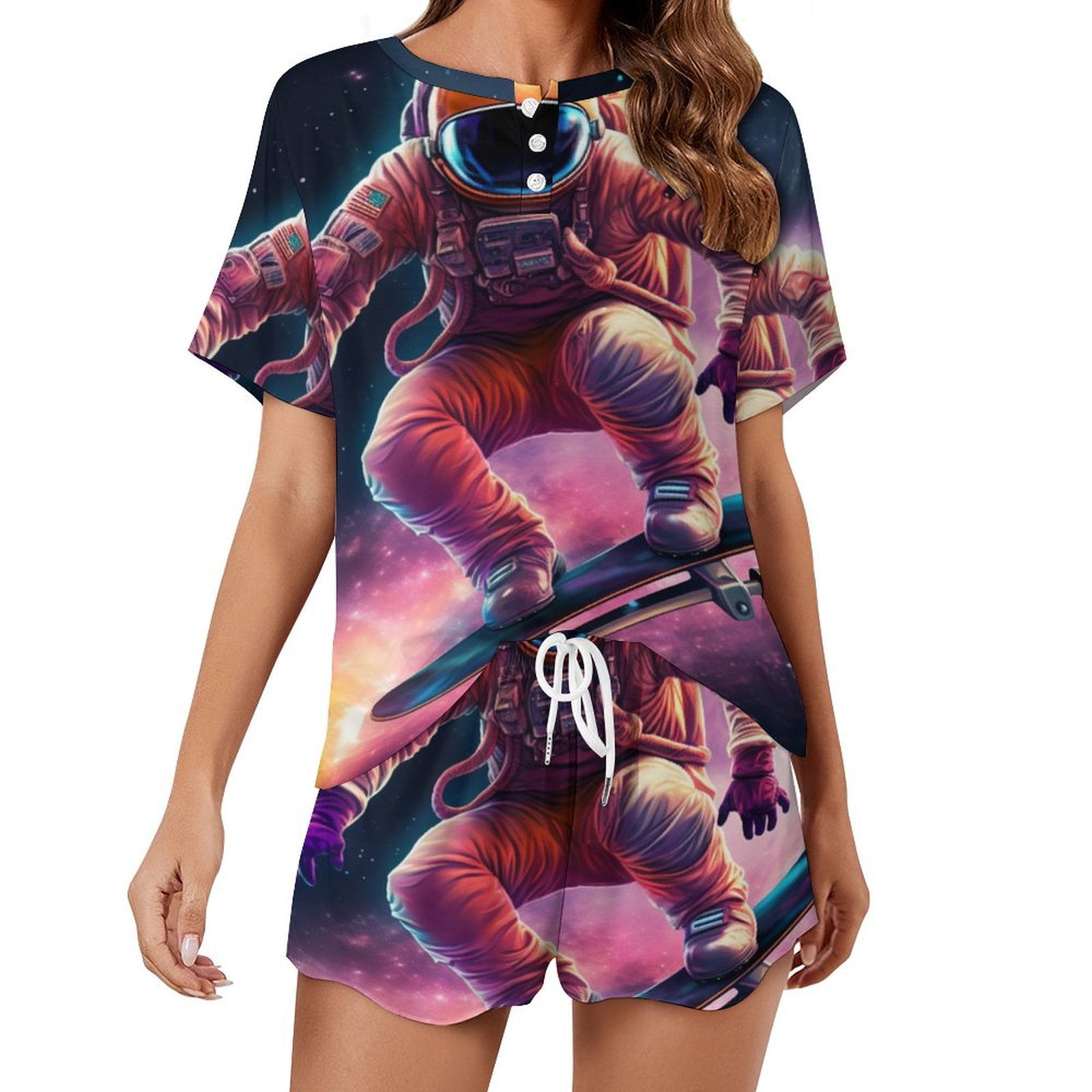 Astronauts in Space Women's Ruffle Short Sleeve Tops And Shorts Cute ...