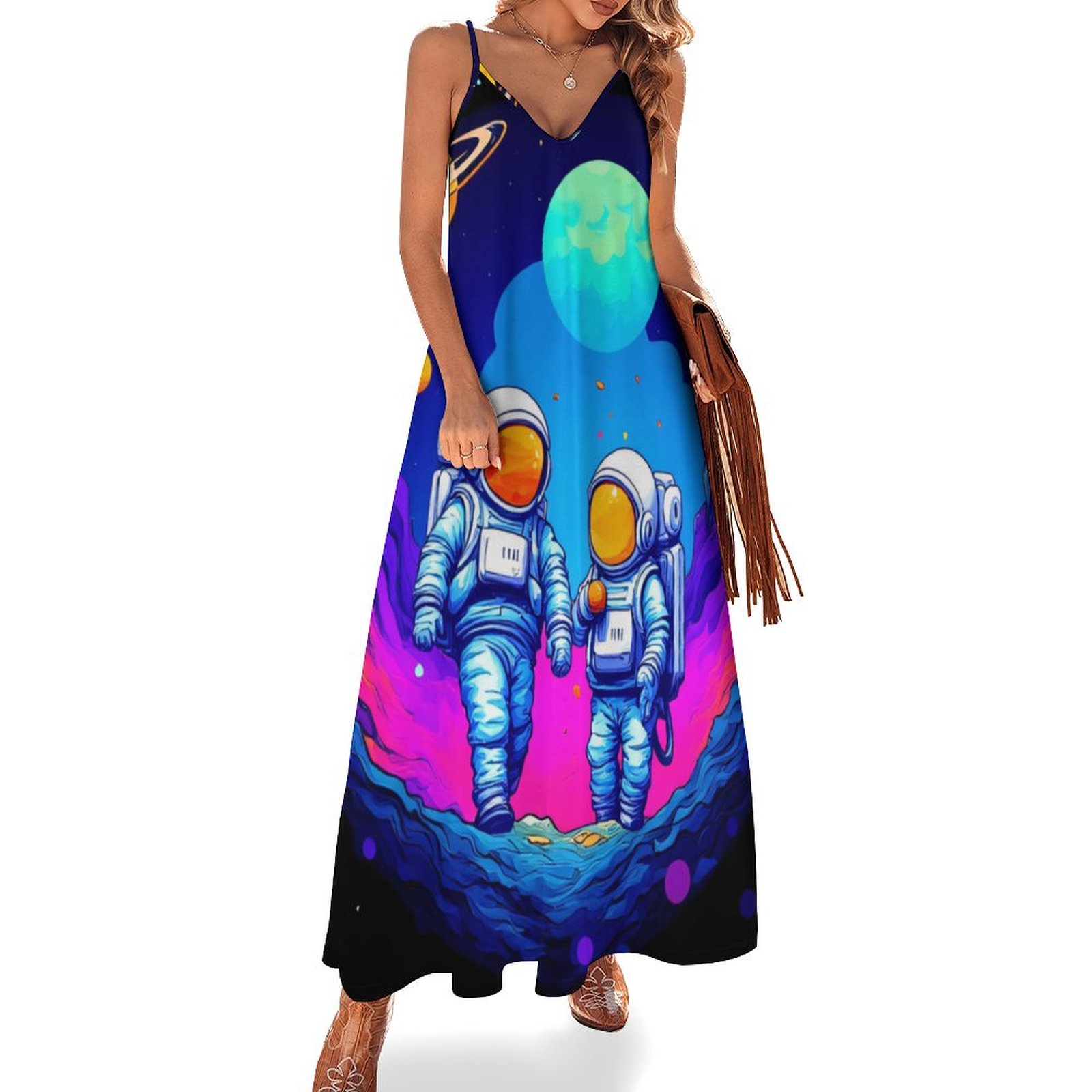 Astronauts in Space with Planets Sleeveless Dress Woman Fashion Long ...