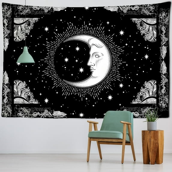 Astronomical tapestry hippie psychedelic sun and moon black white mala ...