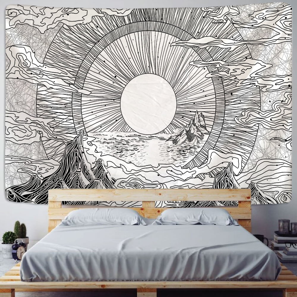Astronomical tapestry hippie psychedelic sun and moon black white mala ...