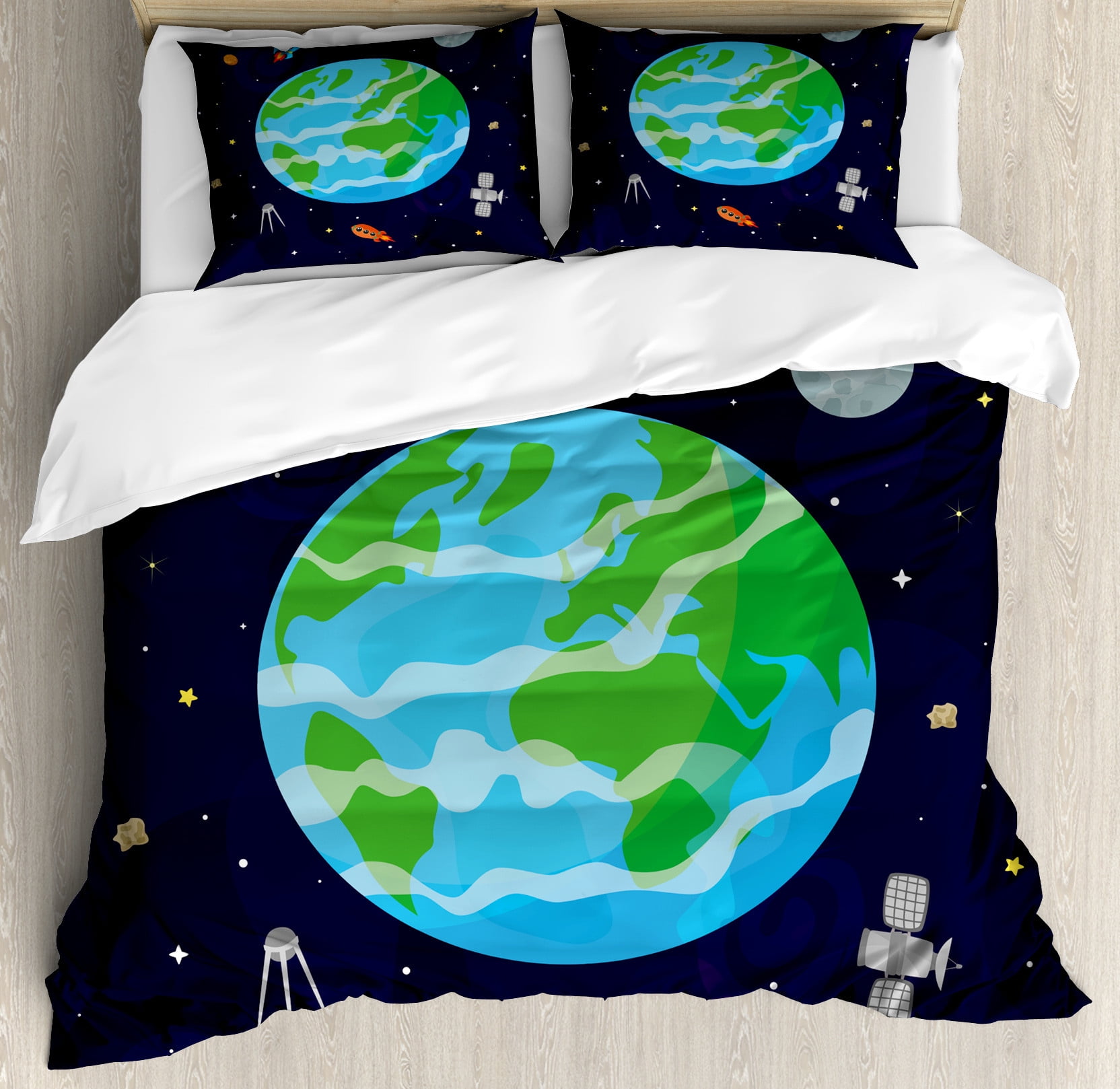 Astronomy Duvet Cover Set, Celestial Cartoon with Earth Rockets ...