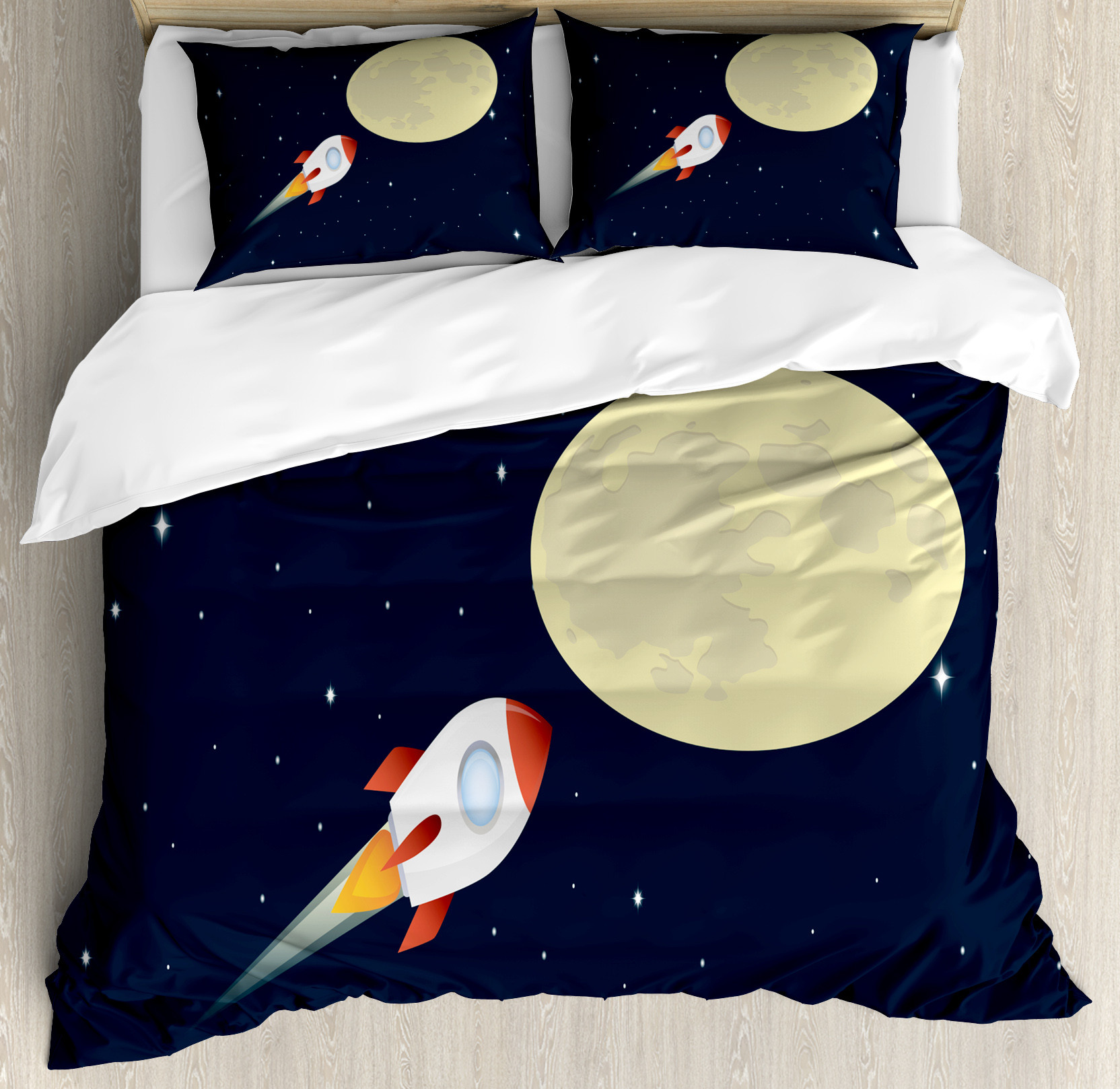 Astronomy Duvet Cover Set, Flying Rocket on Space with Moon, Decorative ...