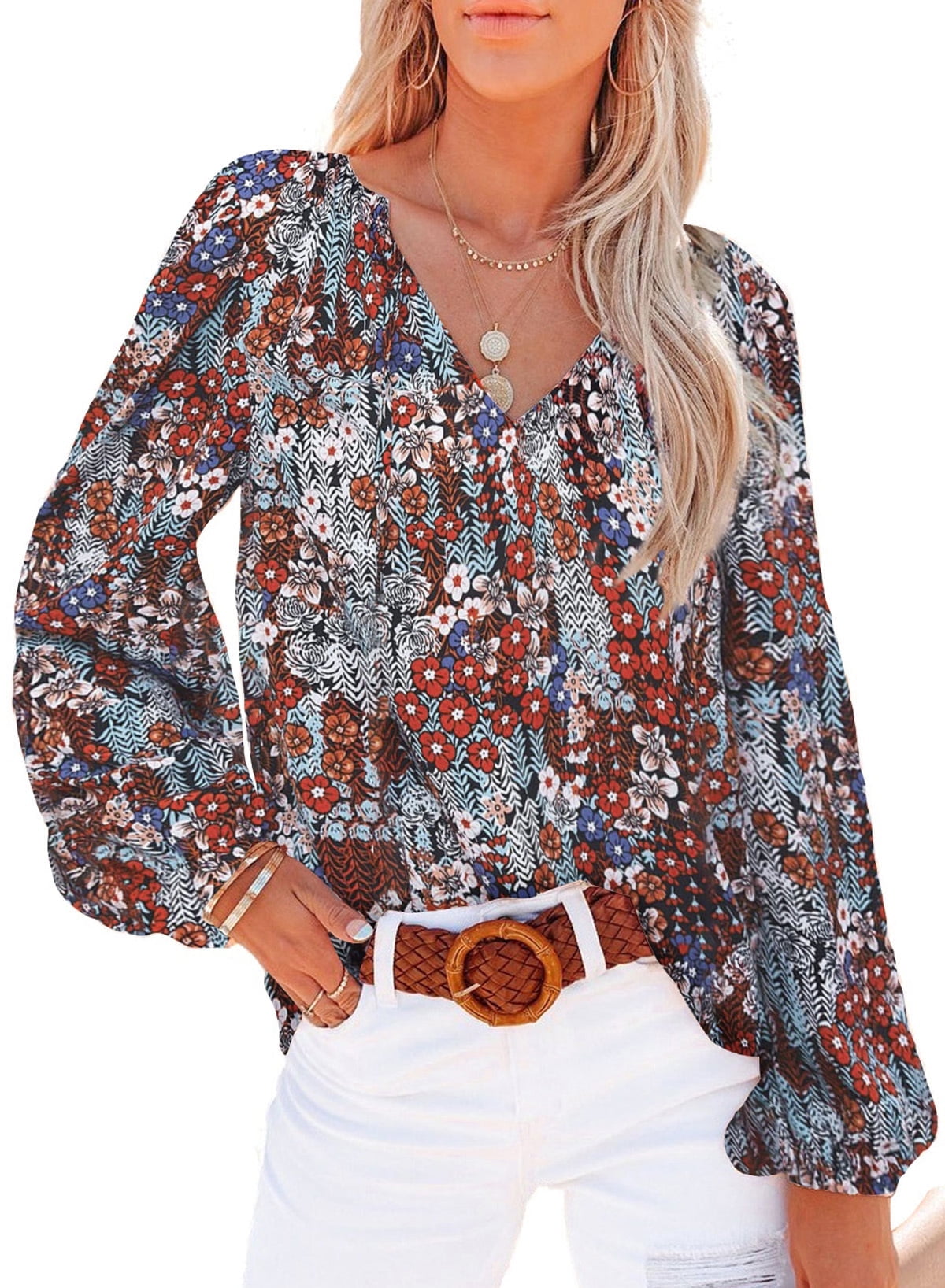 Astylish Boho Tunics V Neck Long Sleeve Shirts Tops Casual Loose Summer ...