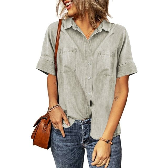 Astylish Button Down Shirts for Women Blue Denim Blouse Short Sleeve ...